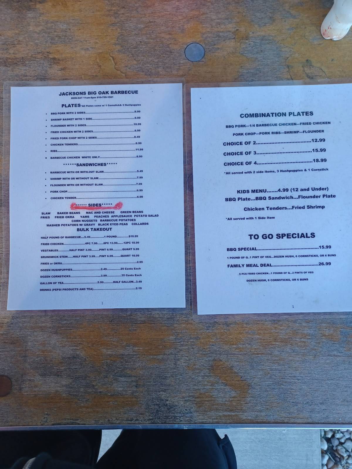 Menu at Jackson's Big Oak Barbecue, Wilmington