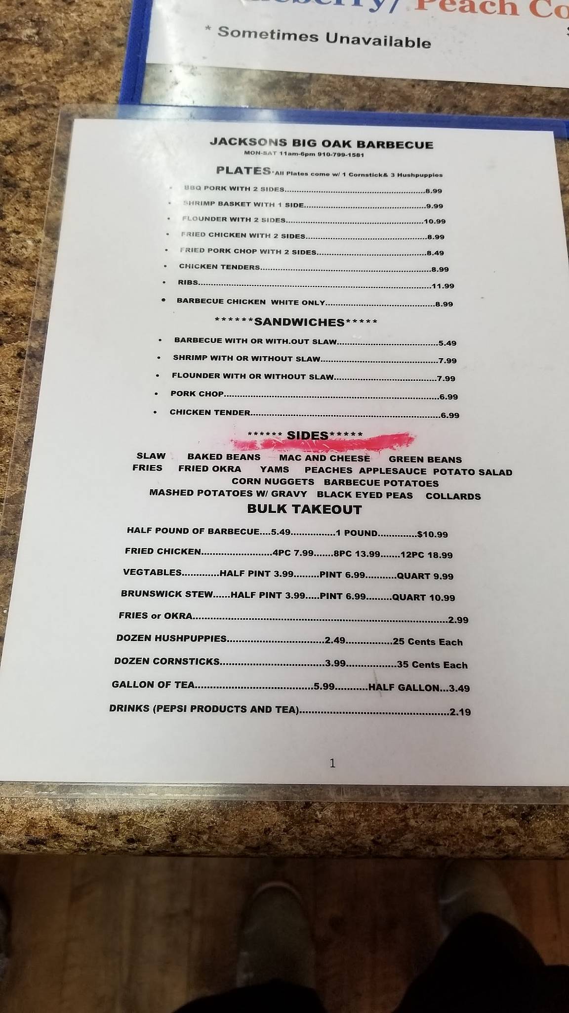 Menu at Jackson's Big Oak Barbecue, Wilmington