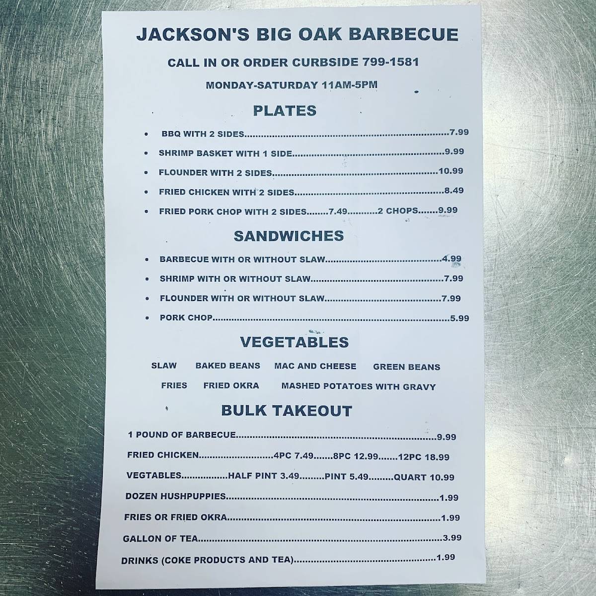 Menu at Jackson's Big Oak Barbecue, Wilmington