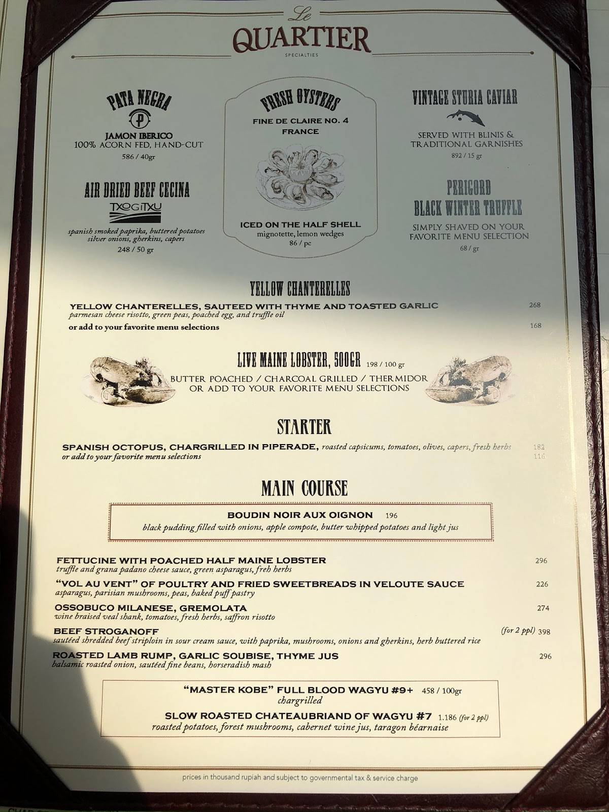 Menu at Le Quartier restaurant, Jakarta