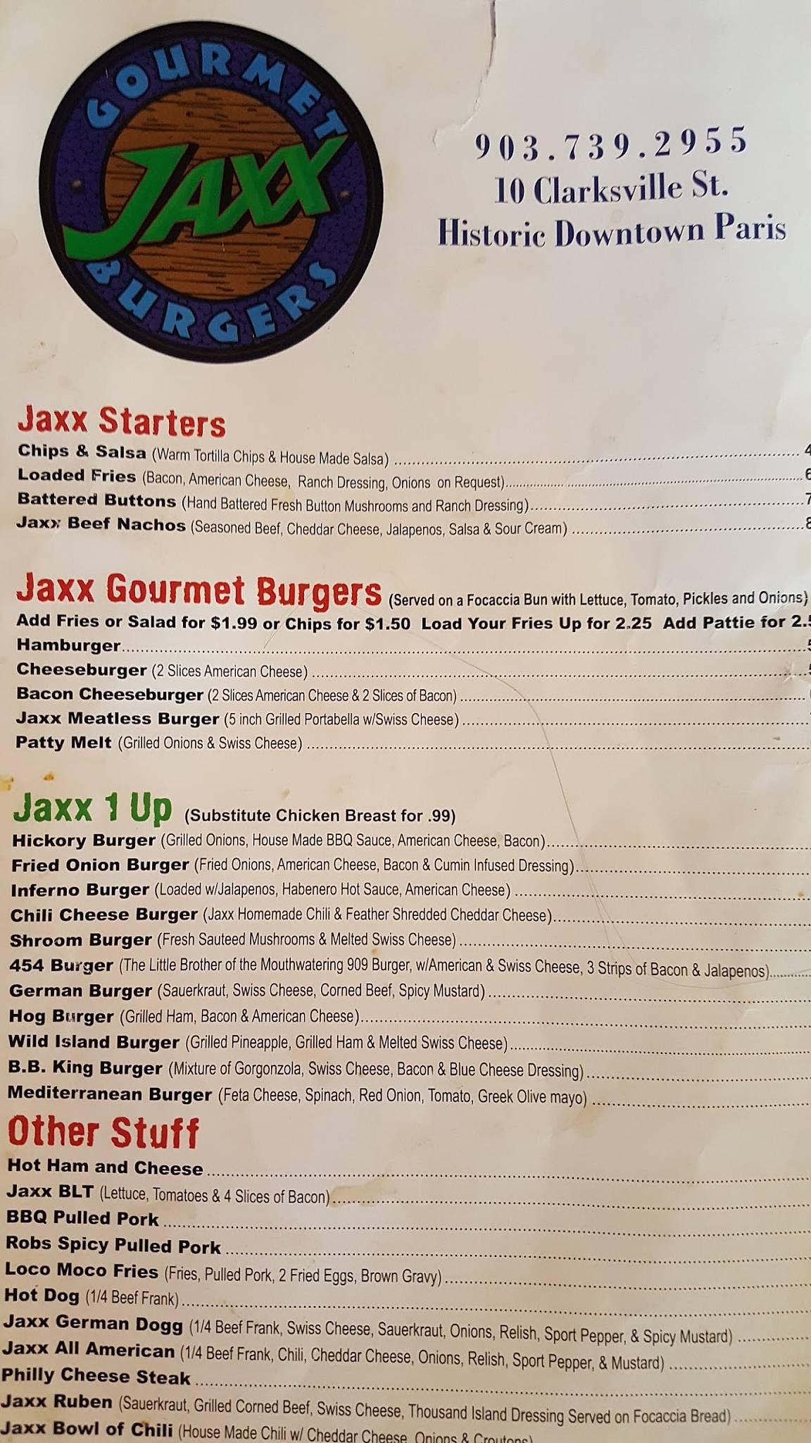 Menu at Jaxx Burgers restaurant, Paris