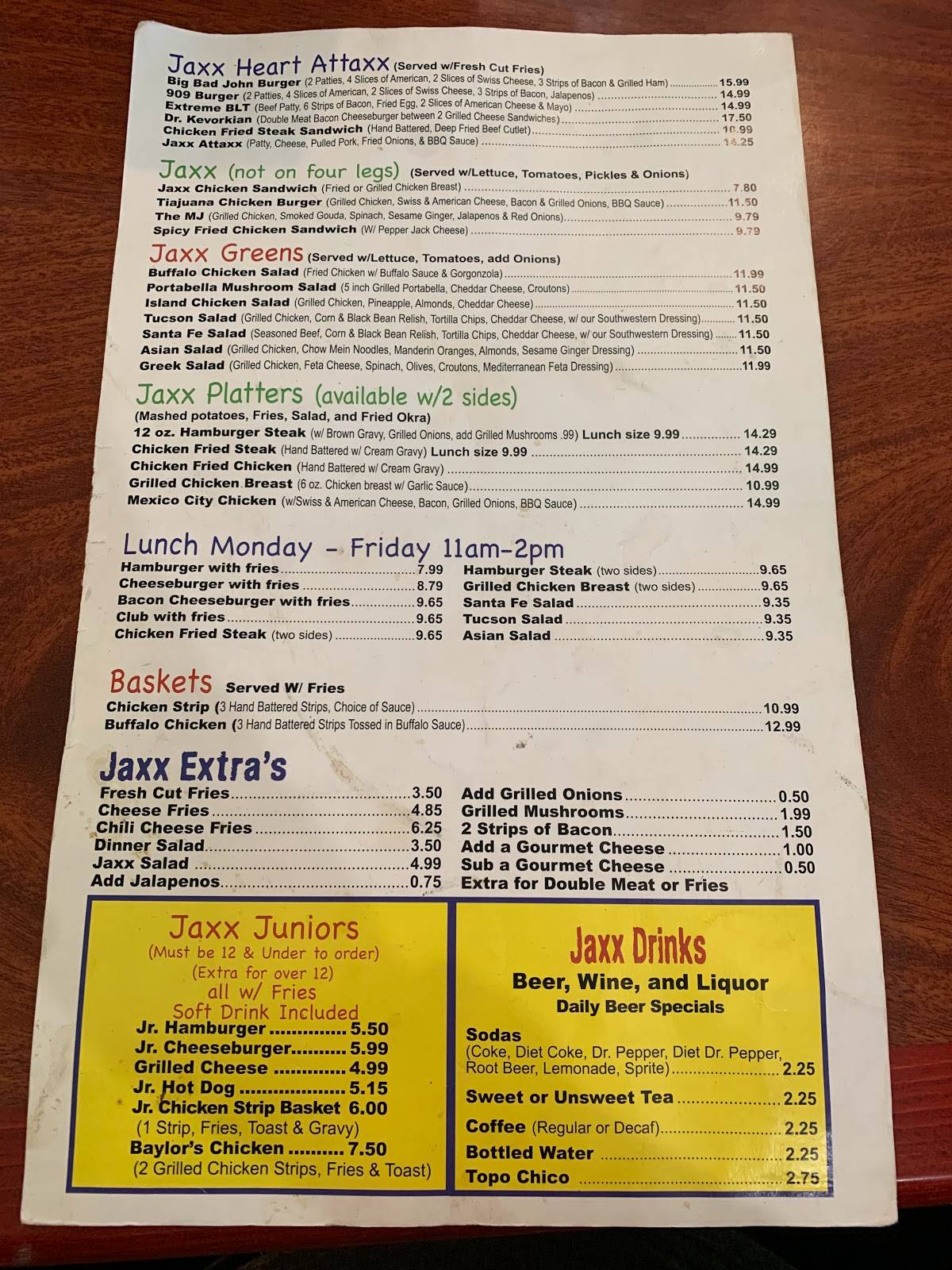 Menu at Jaxx Burgers restaurant, Paris