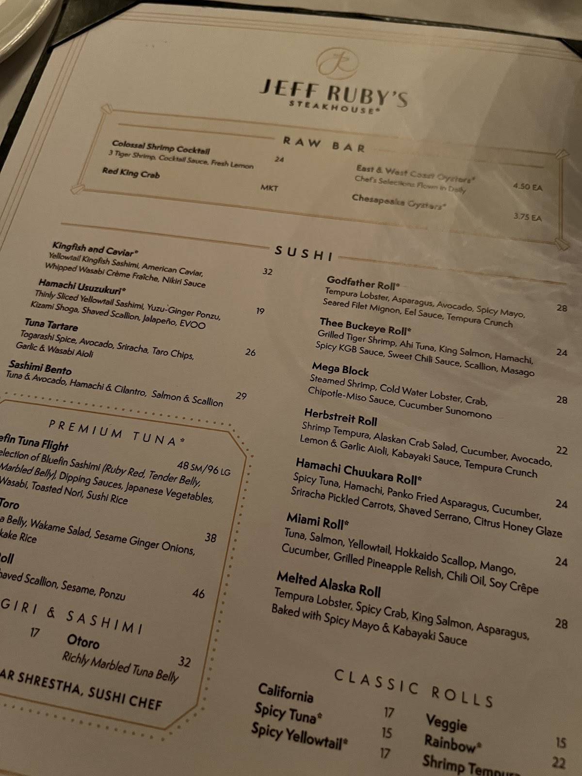 Menu at Jeff Ruby's Steakhouse, Columbus, Columbus