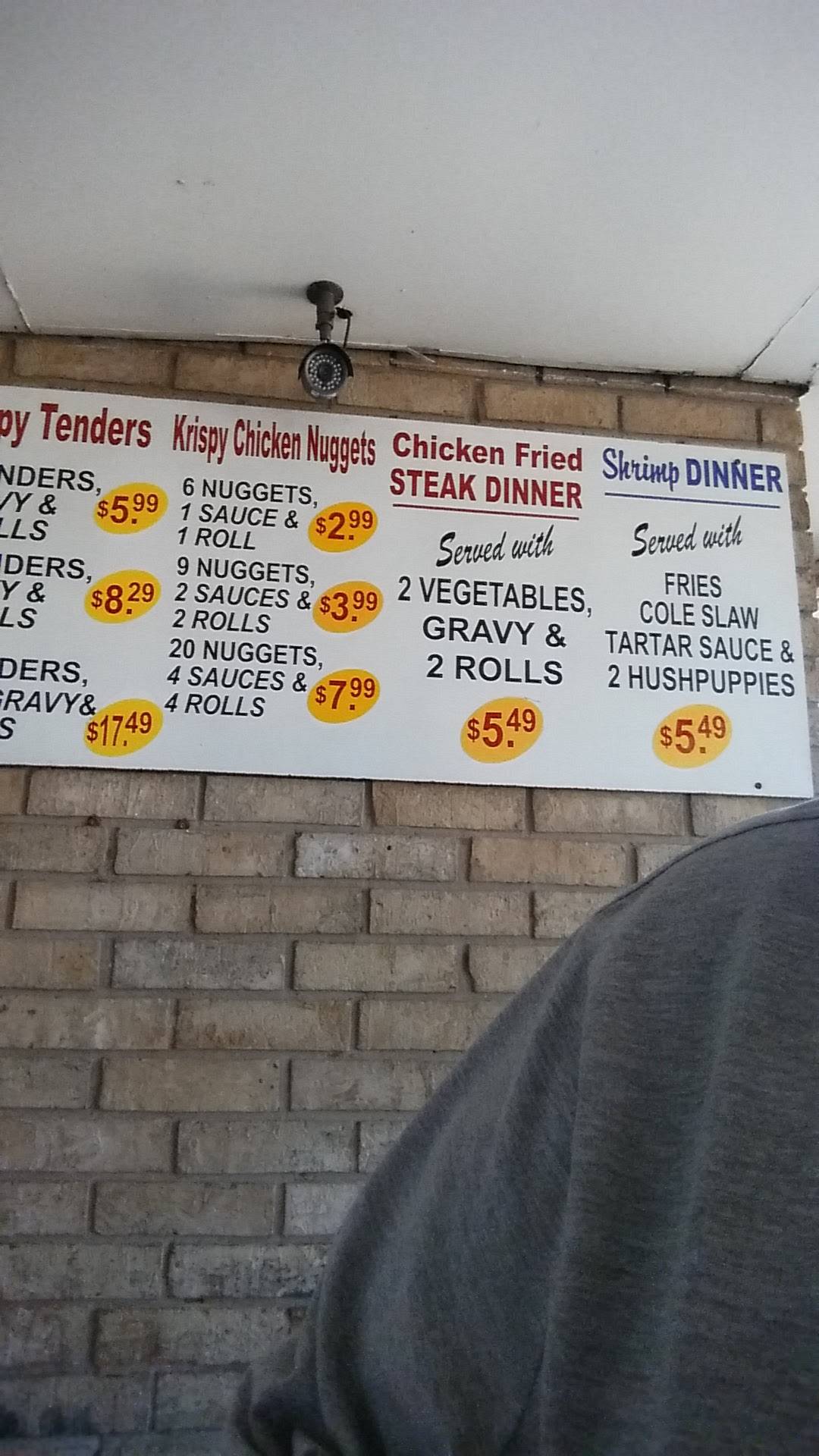 Menu at Jim's Krispy Fried Chicken restaurant, Mexia