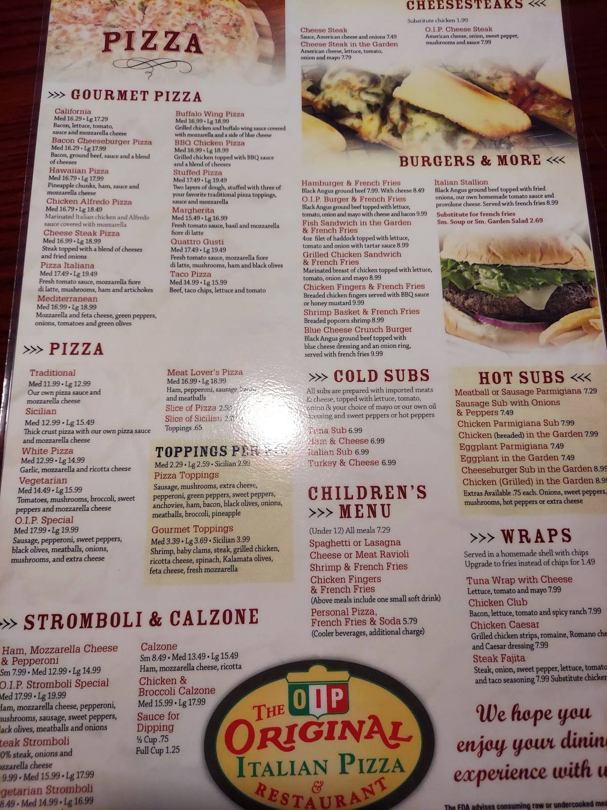 Menu at The Original Italian Pizza & Restaurant, Shamokin