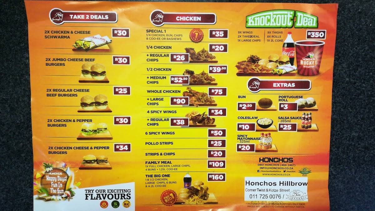 Menu at Honchos Hillbrow restaurant, Johannesburg, 54 Kotze St