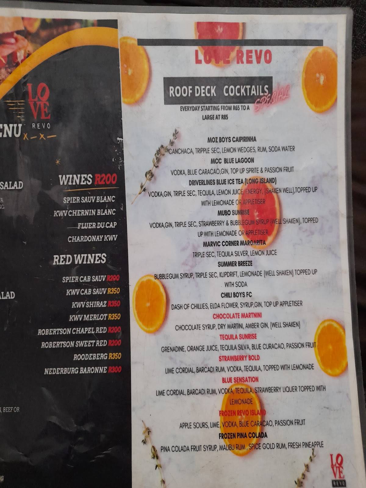 Menu at Love Revo Maboneng restaurant, Johannesburg