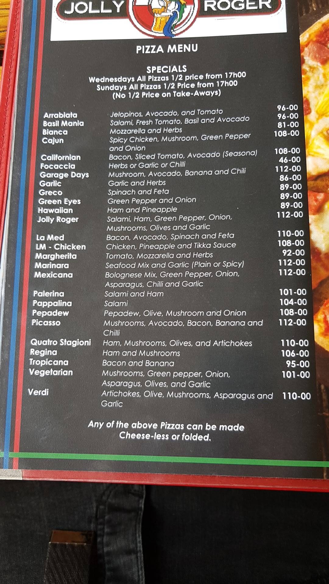 Menu at Jolly Roger restaurant, Randburg