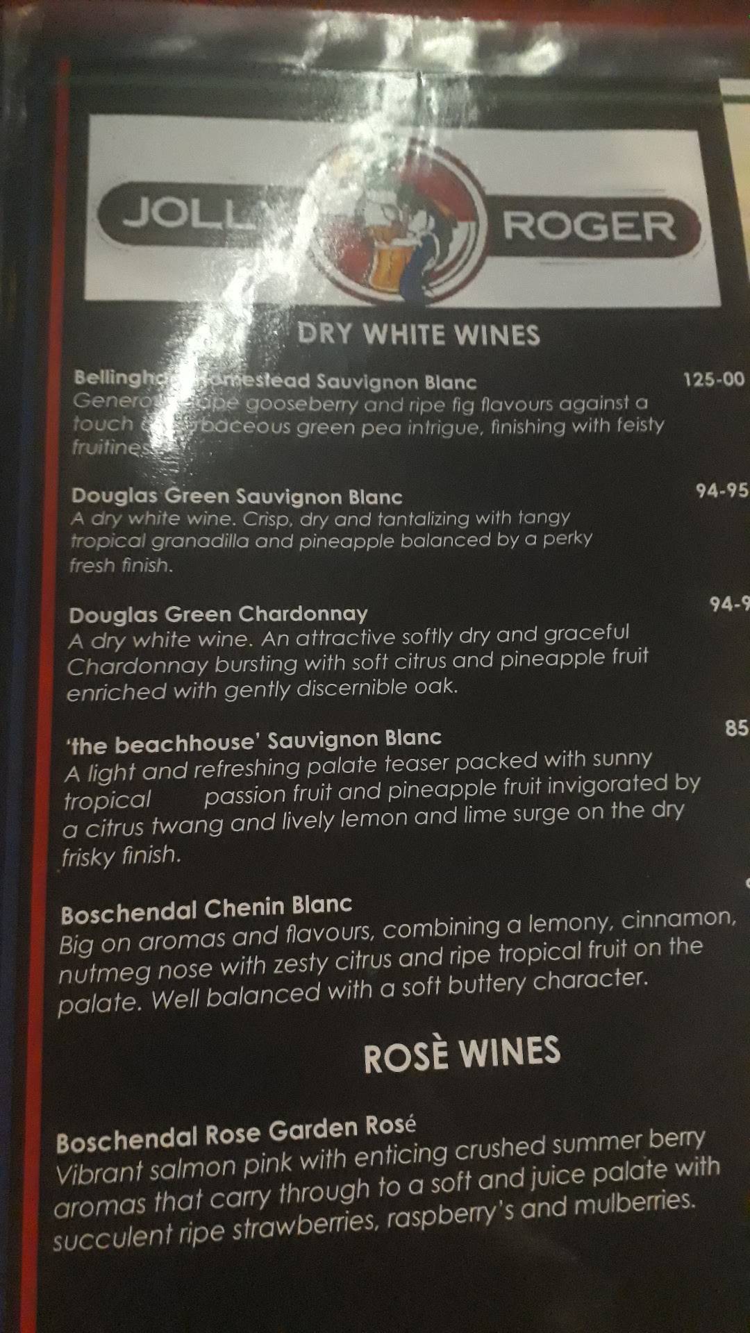Menu at Jolly Roger restaurant, Randburg