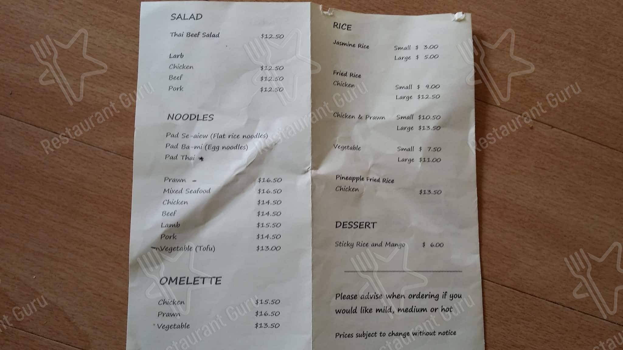 Menu at Joop Thai Restaurant, Centennial Park