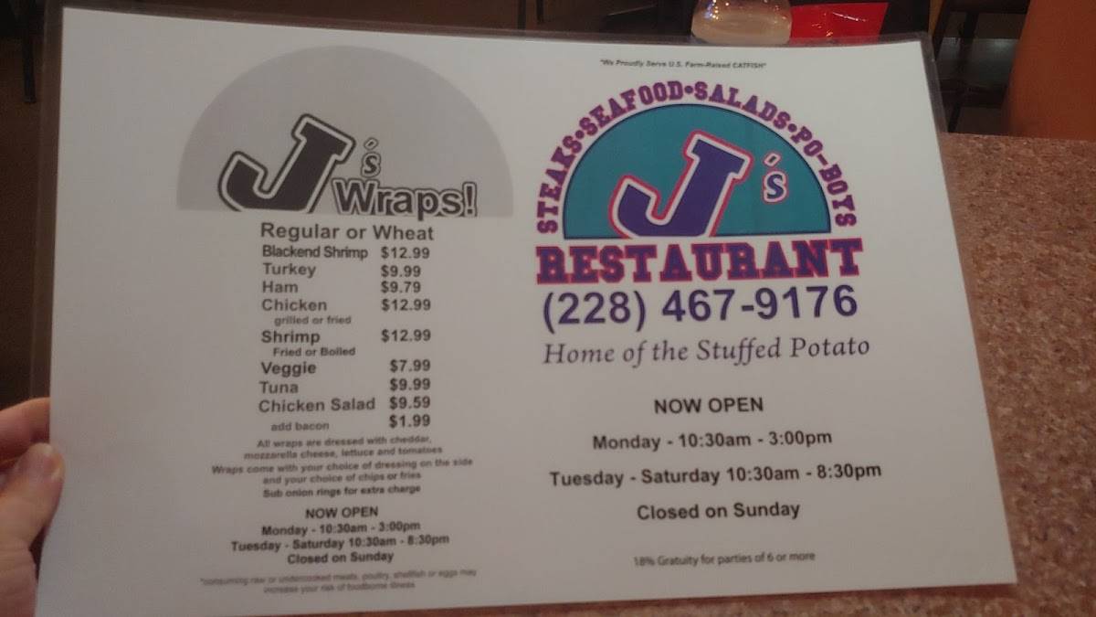 Menu at J's Restaurant, Waveland