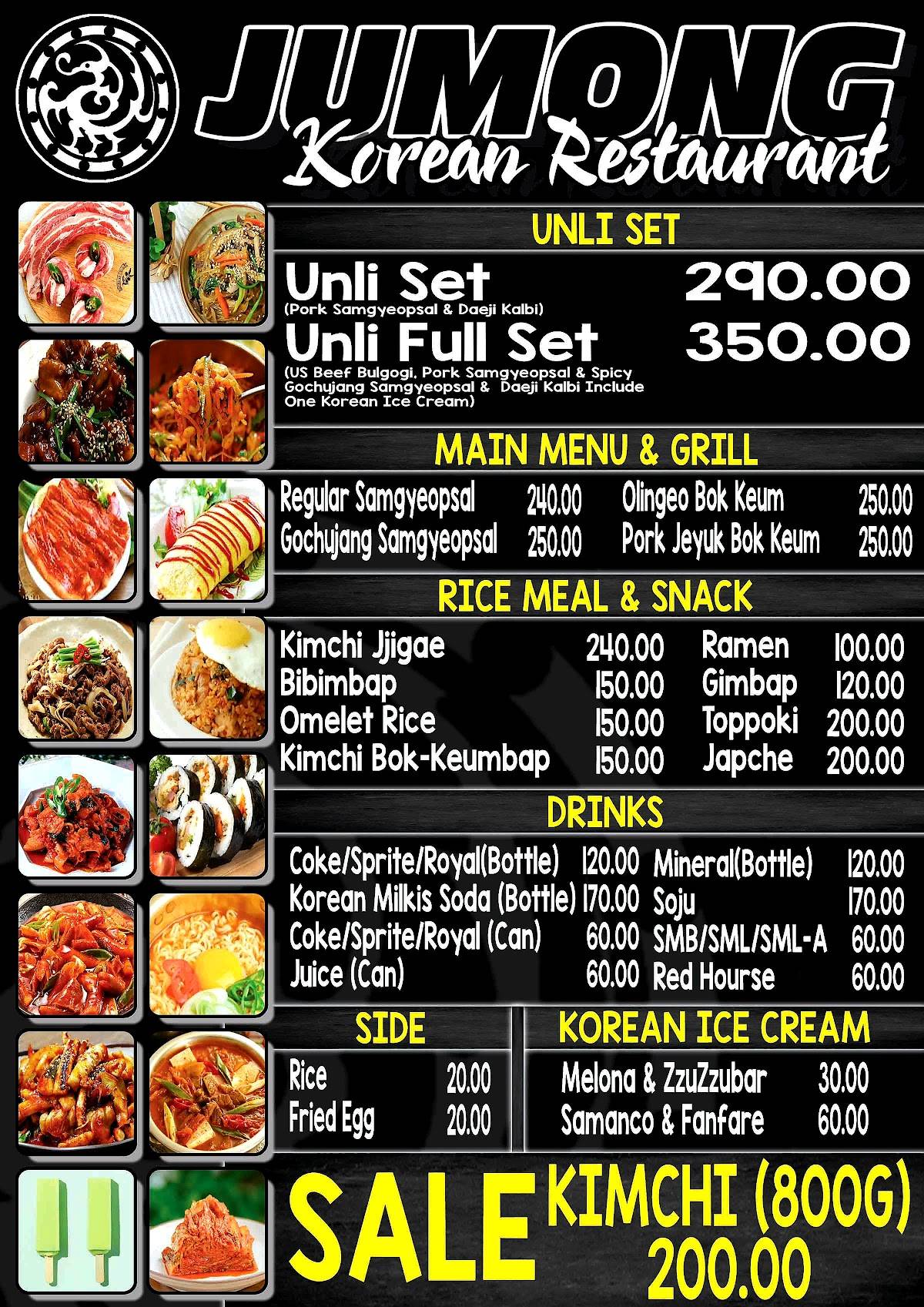 Menu at Jumong Korean Restaurant, Tarlac City