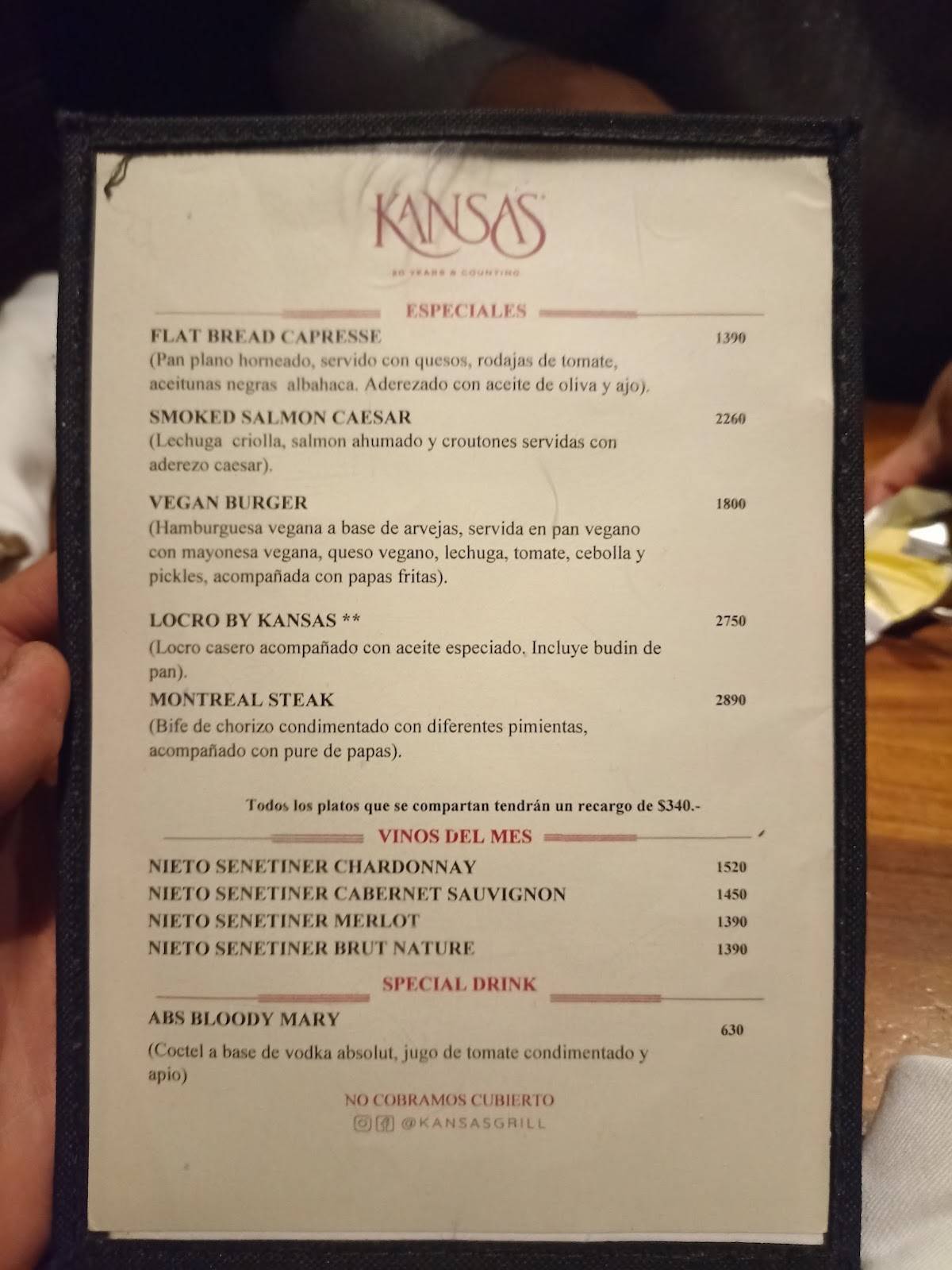 Carta del restaurante Kansas, Buenos Aires, Av. del Libertador 4625
