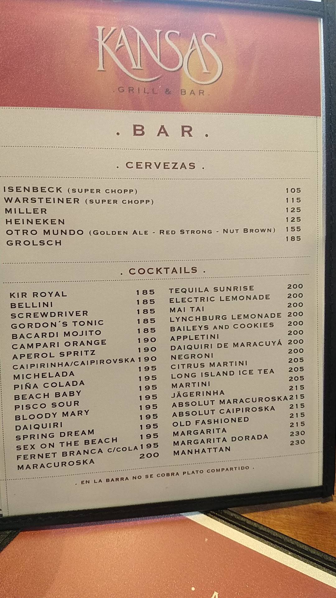 Carta del restaurante Kansas, Buenos Aires, Av. del Libertador 4625