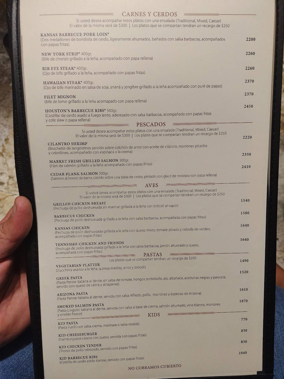 Carta del restaurante Kansas, Buenos Aires, Av. del Libertador 4625