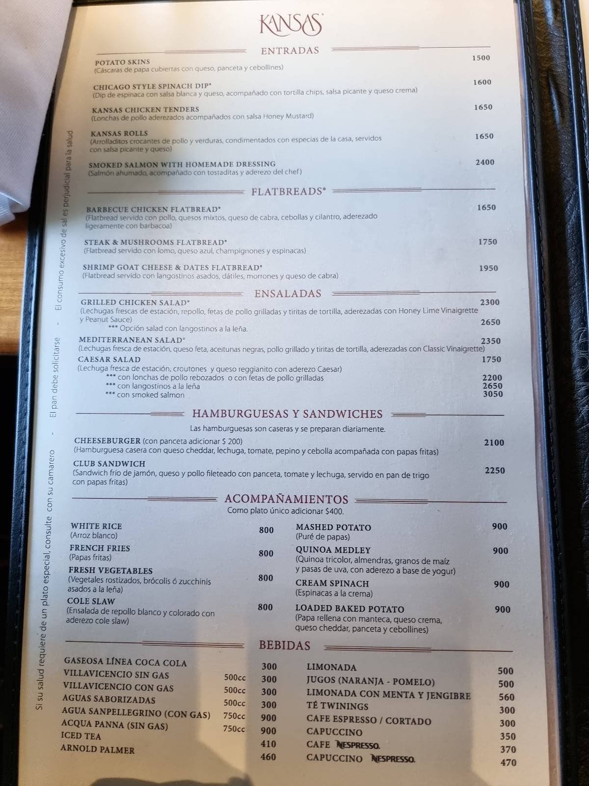 Carta del restaurante Kansas, Buenos Aires, Av. del Libertador 4625