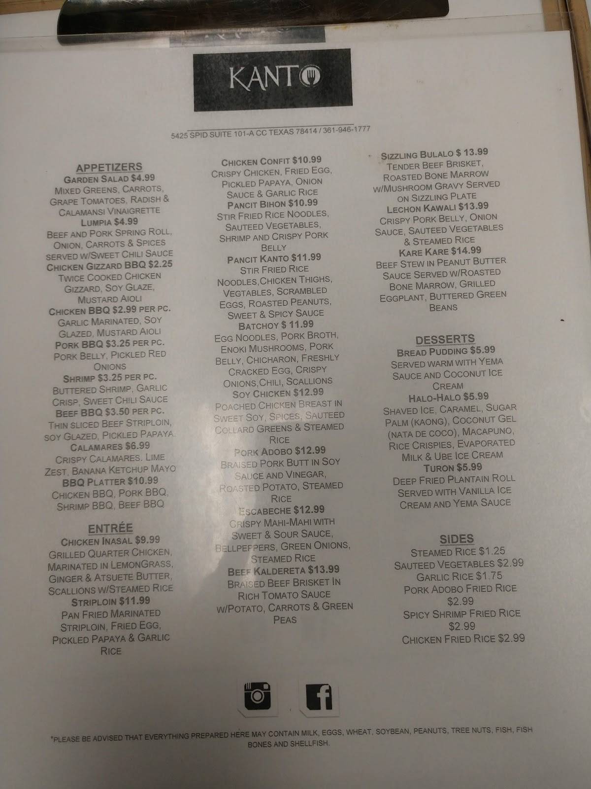 Menu at Kanto Filipino Barbecue, Corpus Christi, -5251 S Staples St
