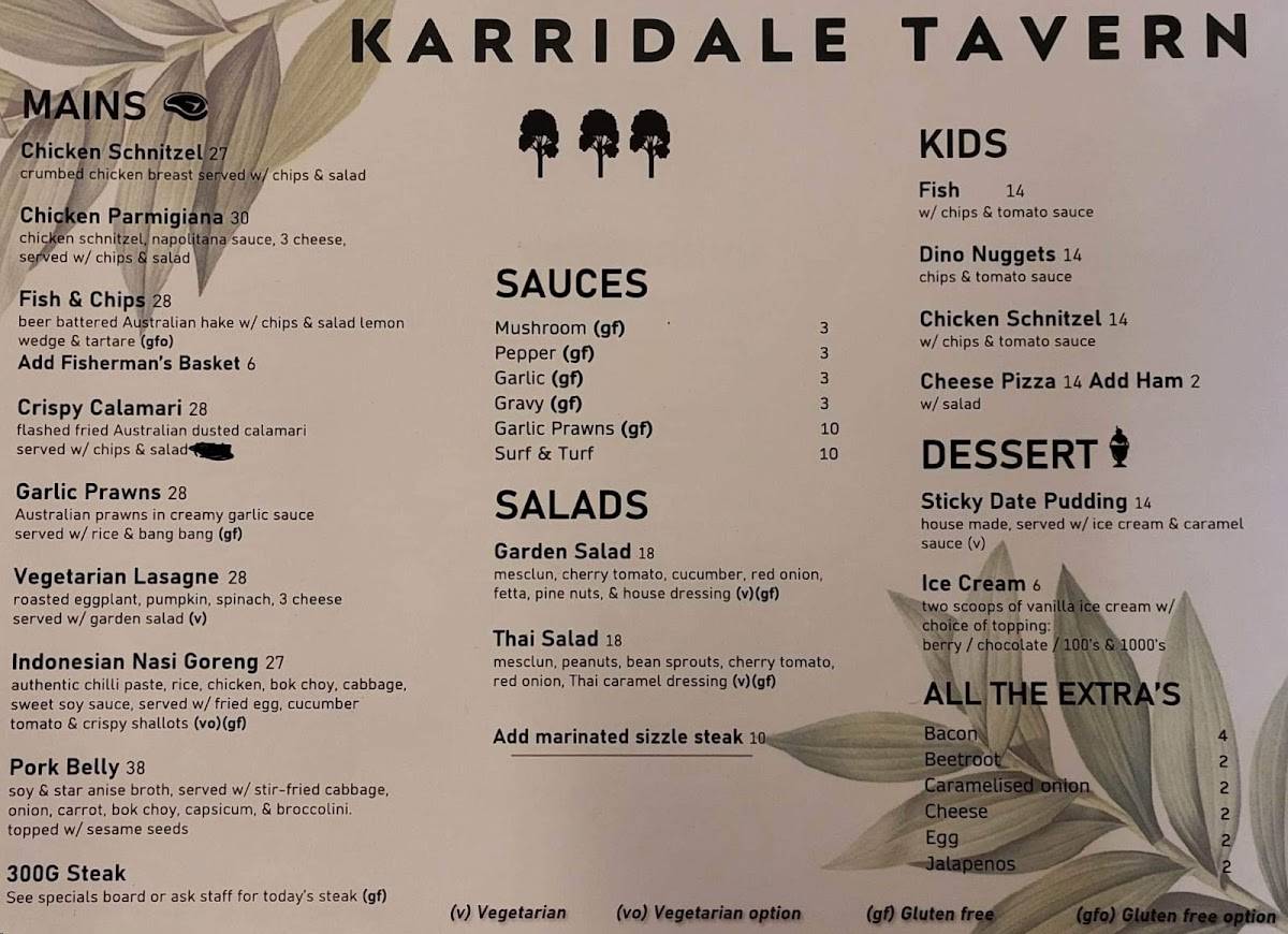 Menu at Karridale Tavern restaurant, Karridale, Bussell Hwy