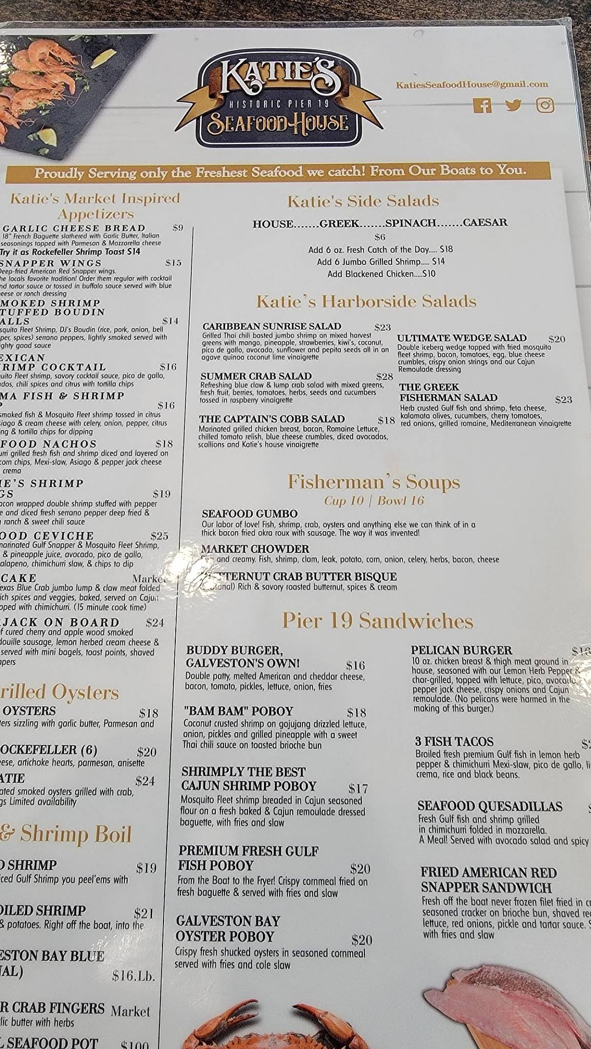 Menu at Katie's Seafood House restaurant, Galveston
