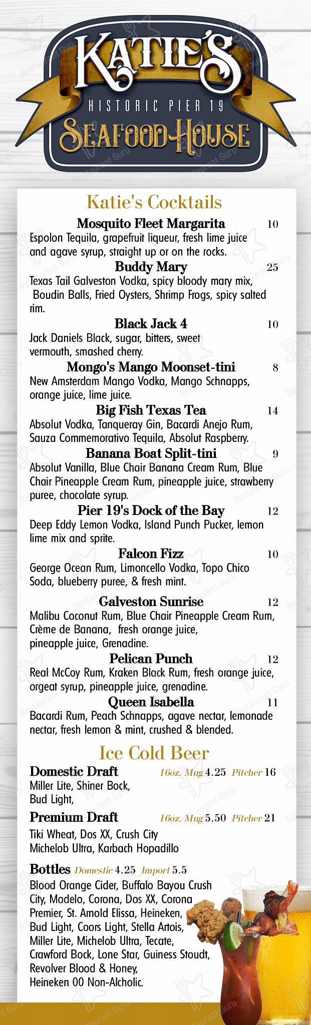Menu at Katie's Seafood House restaurant, Galveston