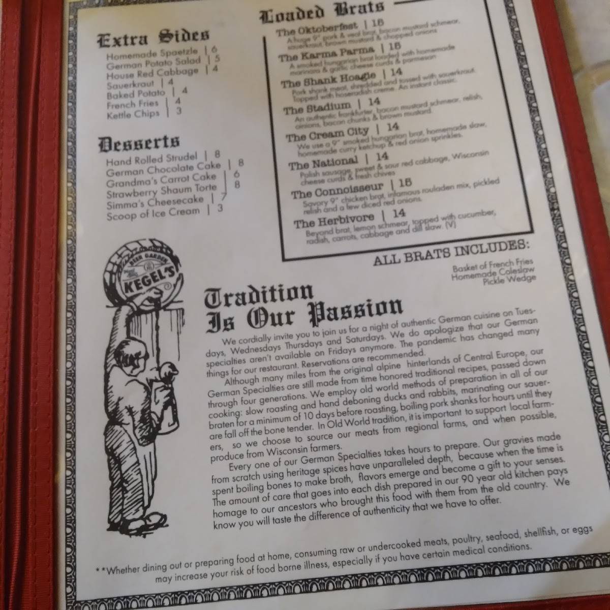 Menu at Kegel's Inn restaurant, West Allis