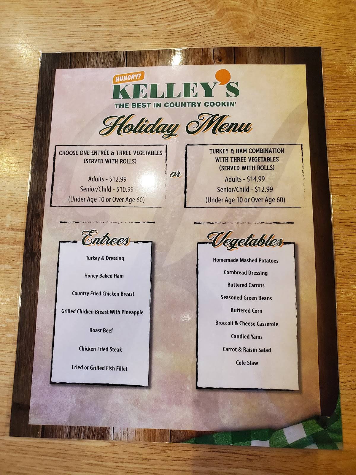Menu at Kelley's Country Cookin' restaurant, Pasadena, Spencer Hwy