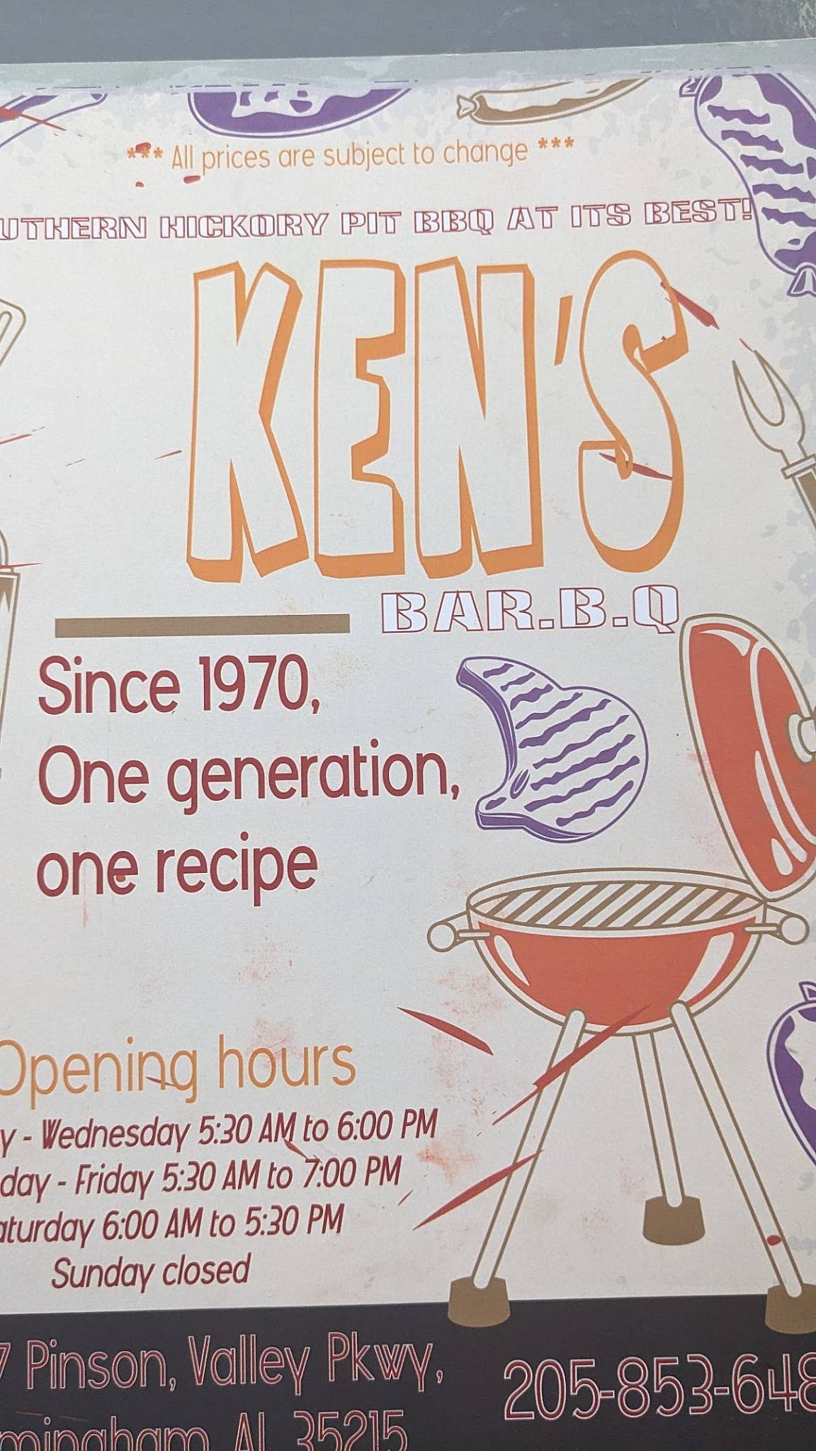 Menu at Ken's Hickory Pit Barbecue, Birmingham, Pinson Valley Pkwy