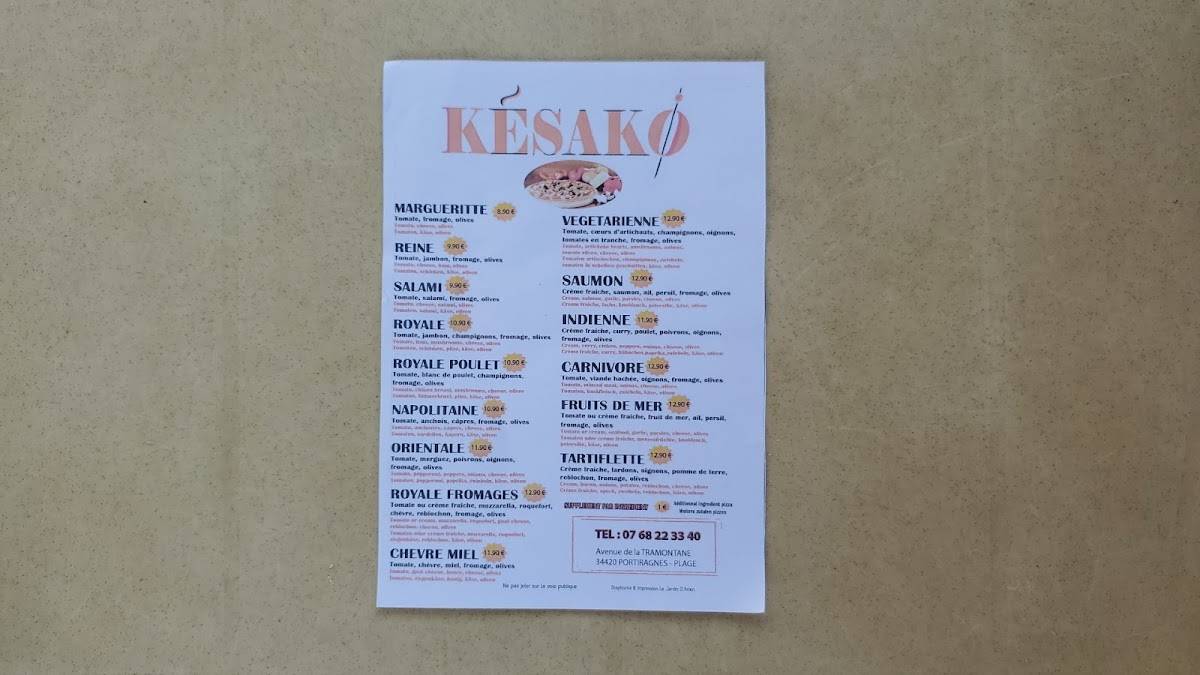 Menu au Késako restaurant, Portiragnes
