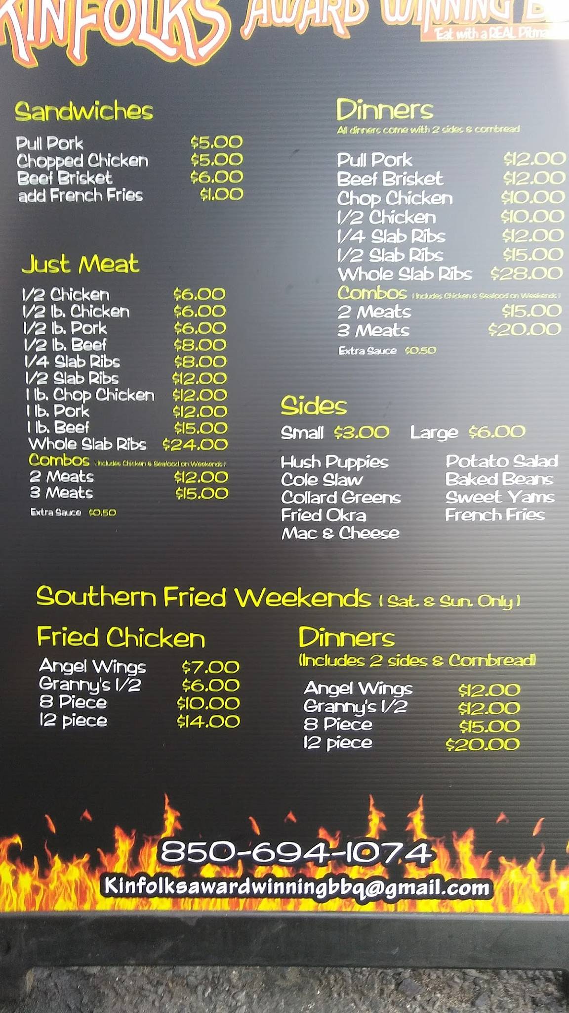 Menu at Kinfolks BBQ, Taunton, 289 Winthrop St