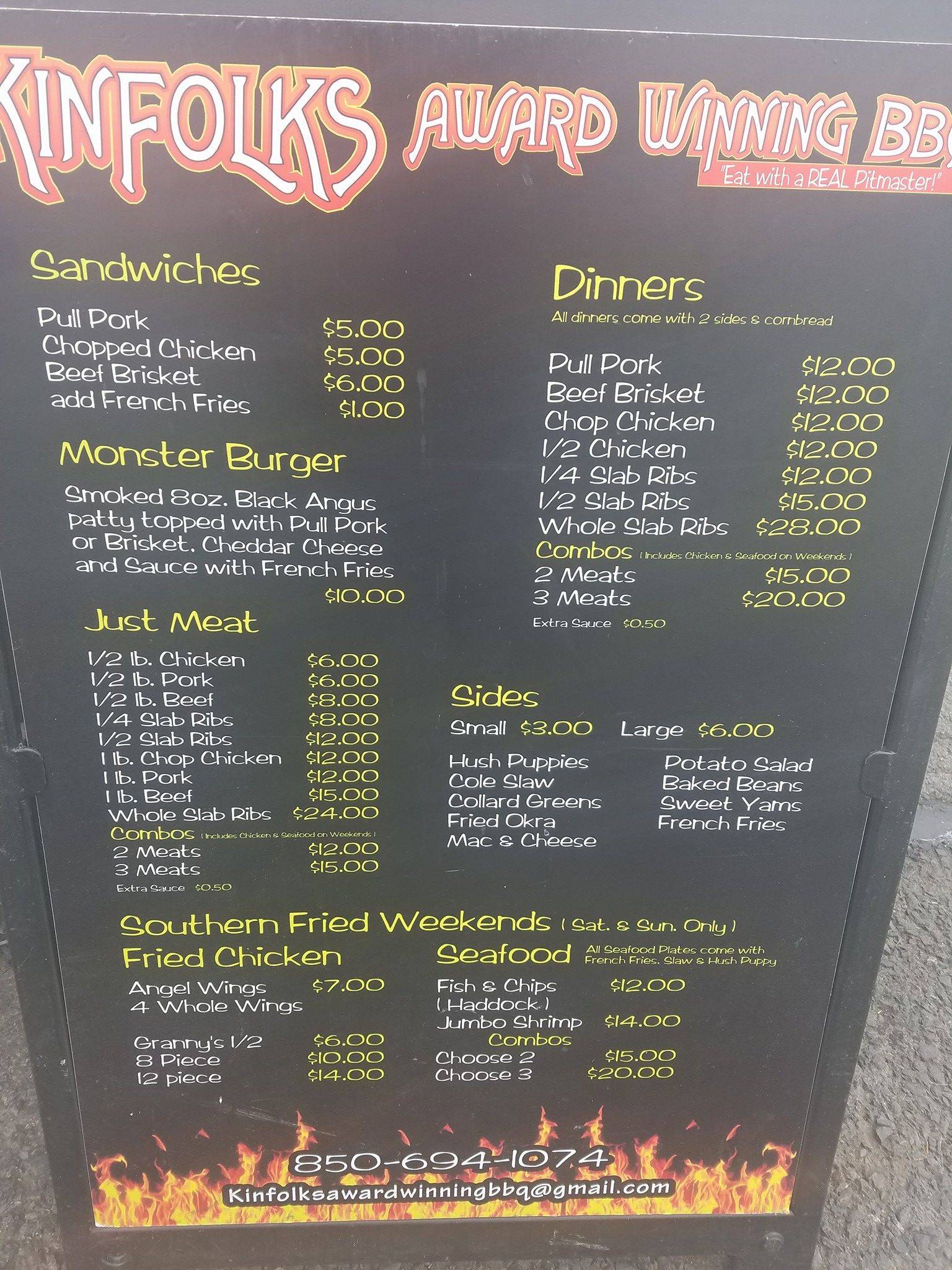 Menu at Kinfolks BBQ, Taunton, 289 Winthrop St