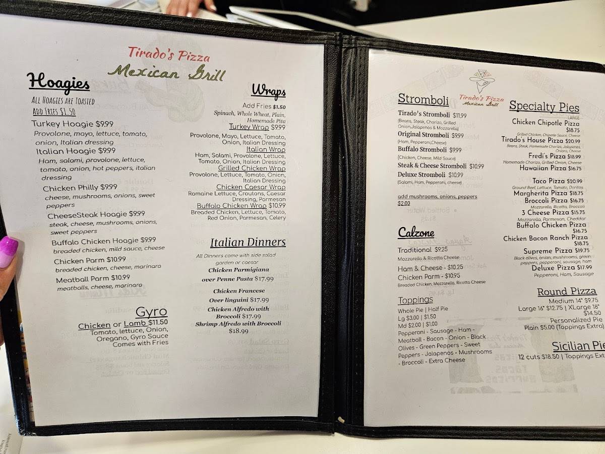 Menu at Tirado's Pizza Mexican Grill pizzeria, Kingston
