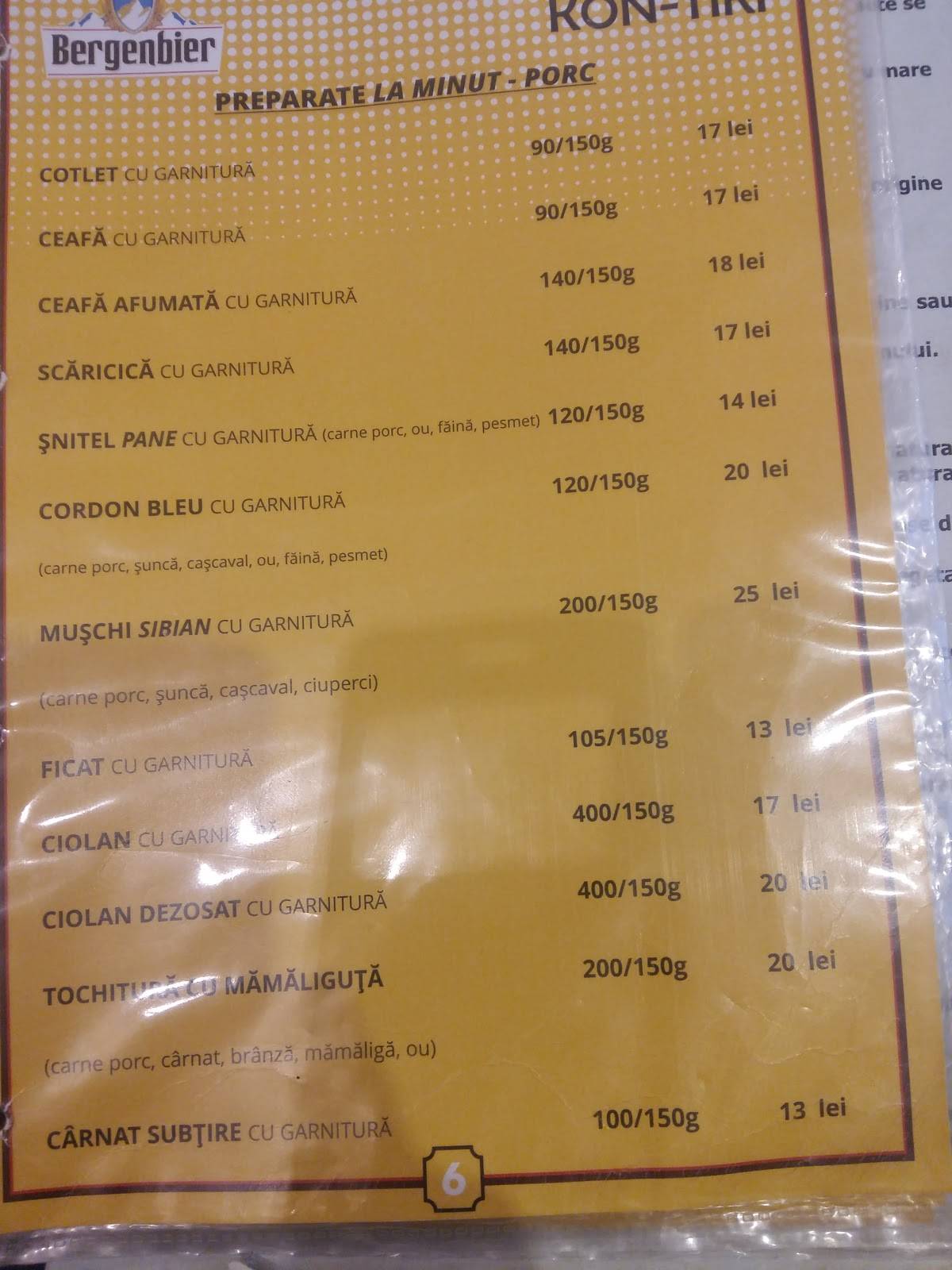 Menu at Kon Tiki, Sibiu