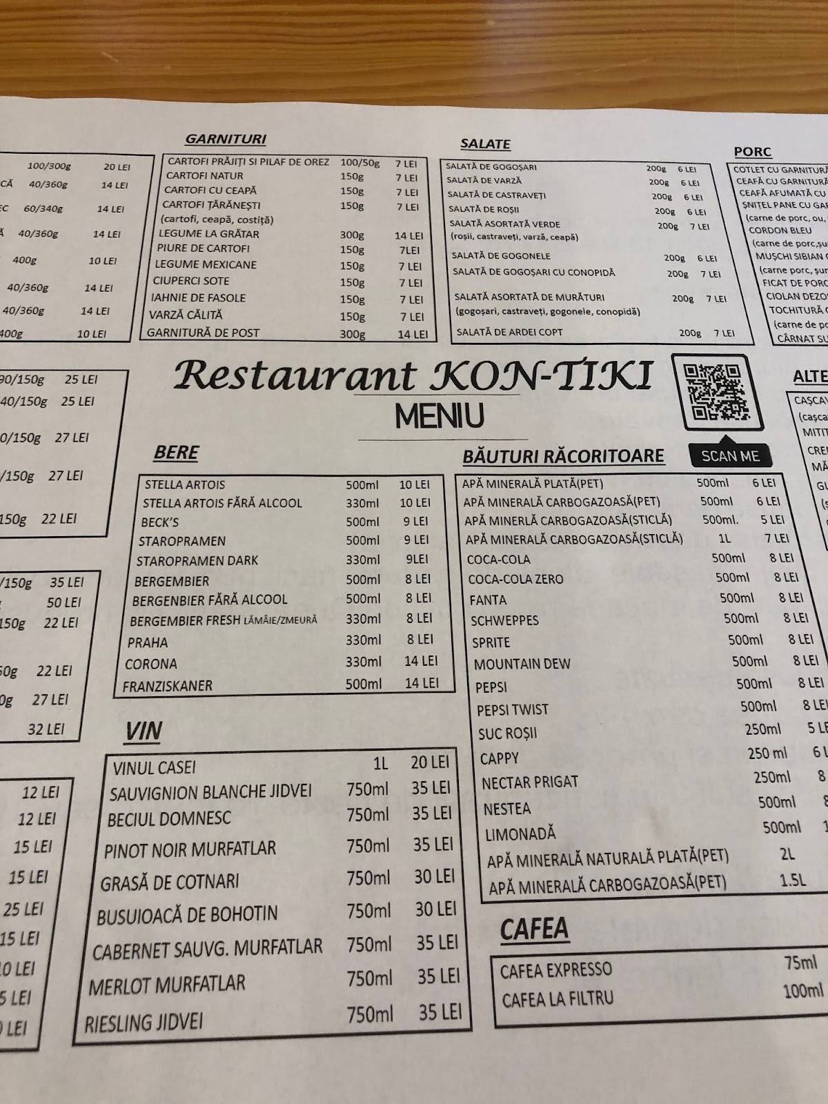 Menu at Kon Tiki, Sibiu