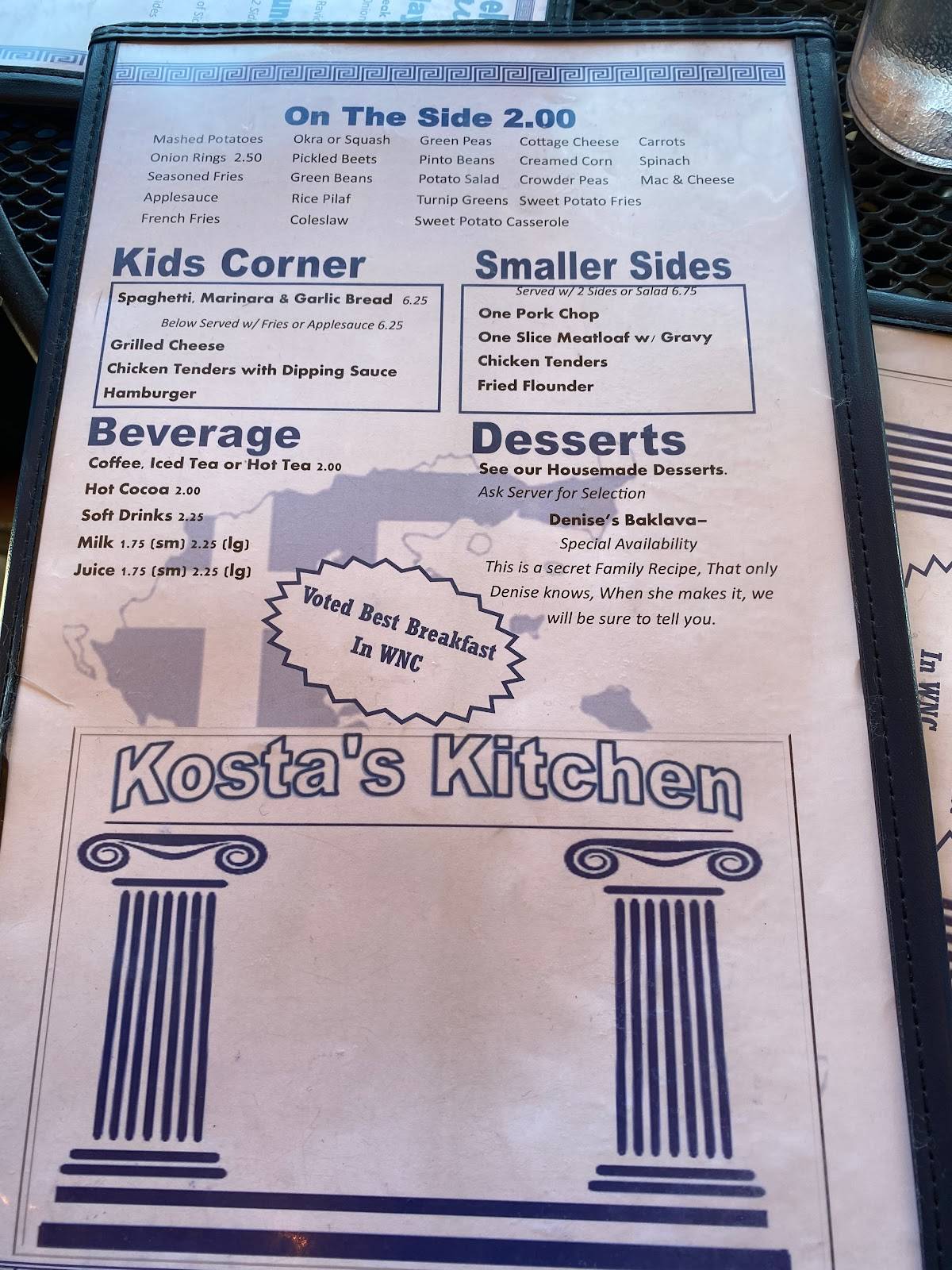 Menu at Kosta's Kitchen restaurant, Fletcher, Hendersonville Rd