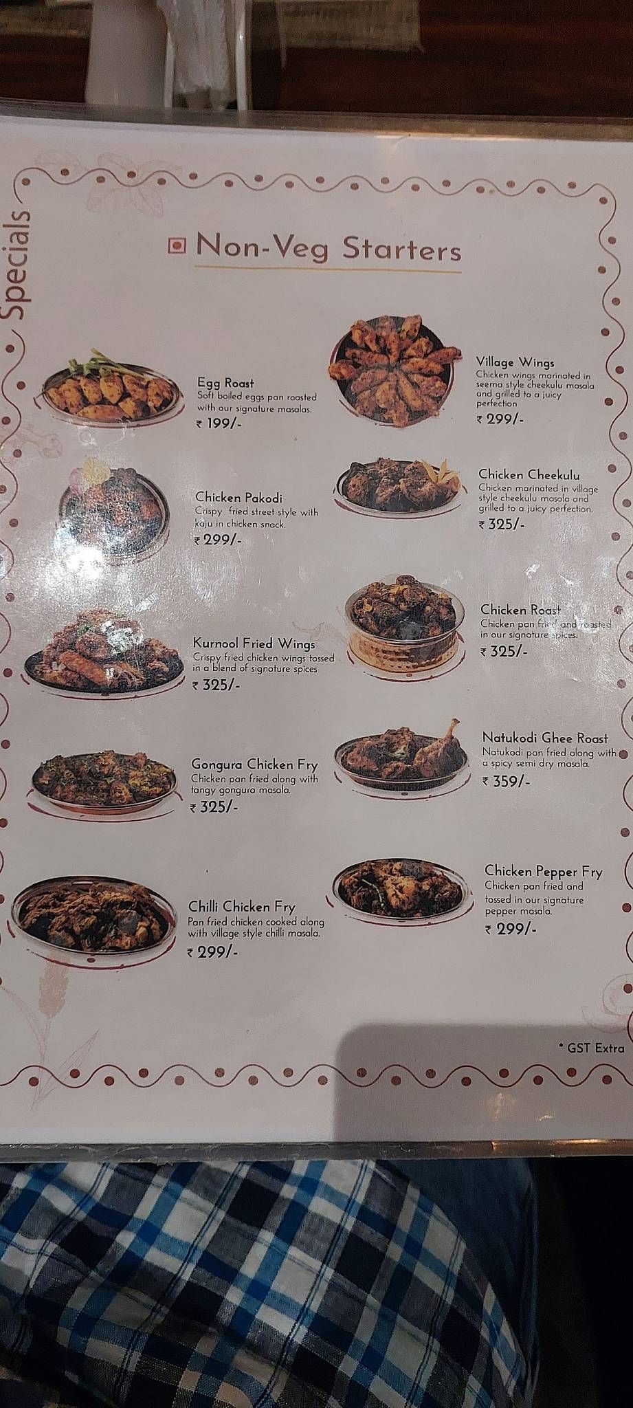 Menu at Kritunga, Kakinada