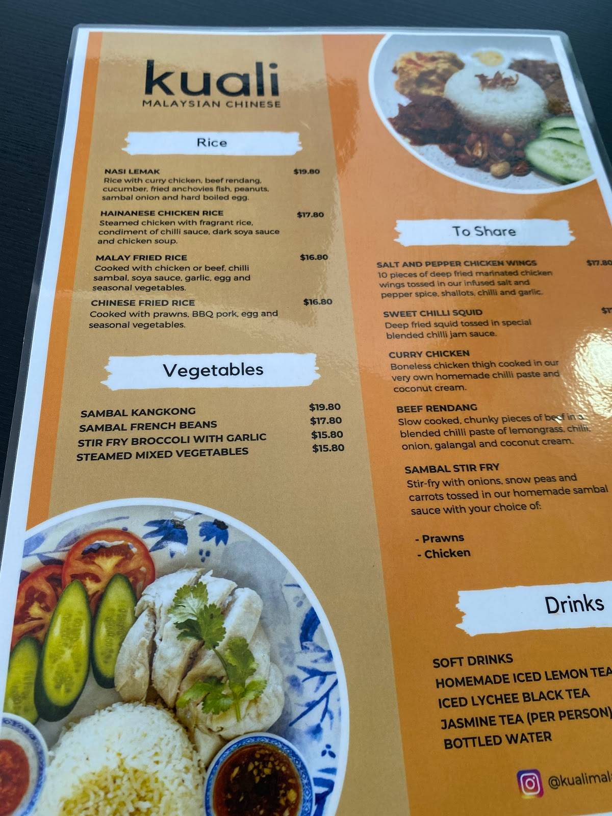 Menu at Kuali Malaysian Chinese restaurant, Baulkham Hills