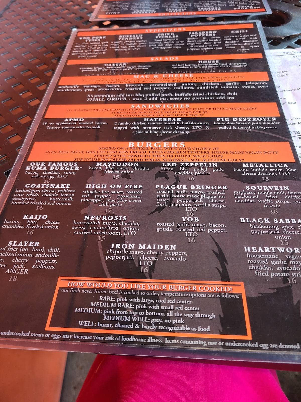 Menu at Kuma's Corner restaurant, Indianapolis