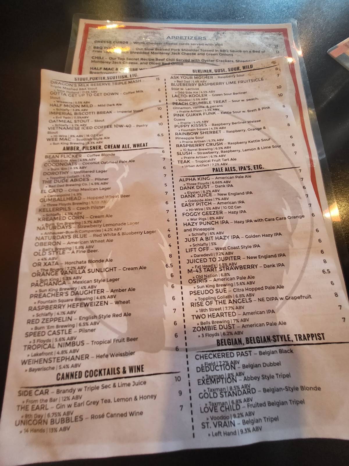Menu at Kuma's Corner restaurant, Indianapolis