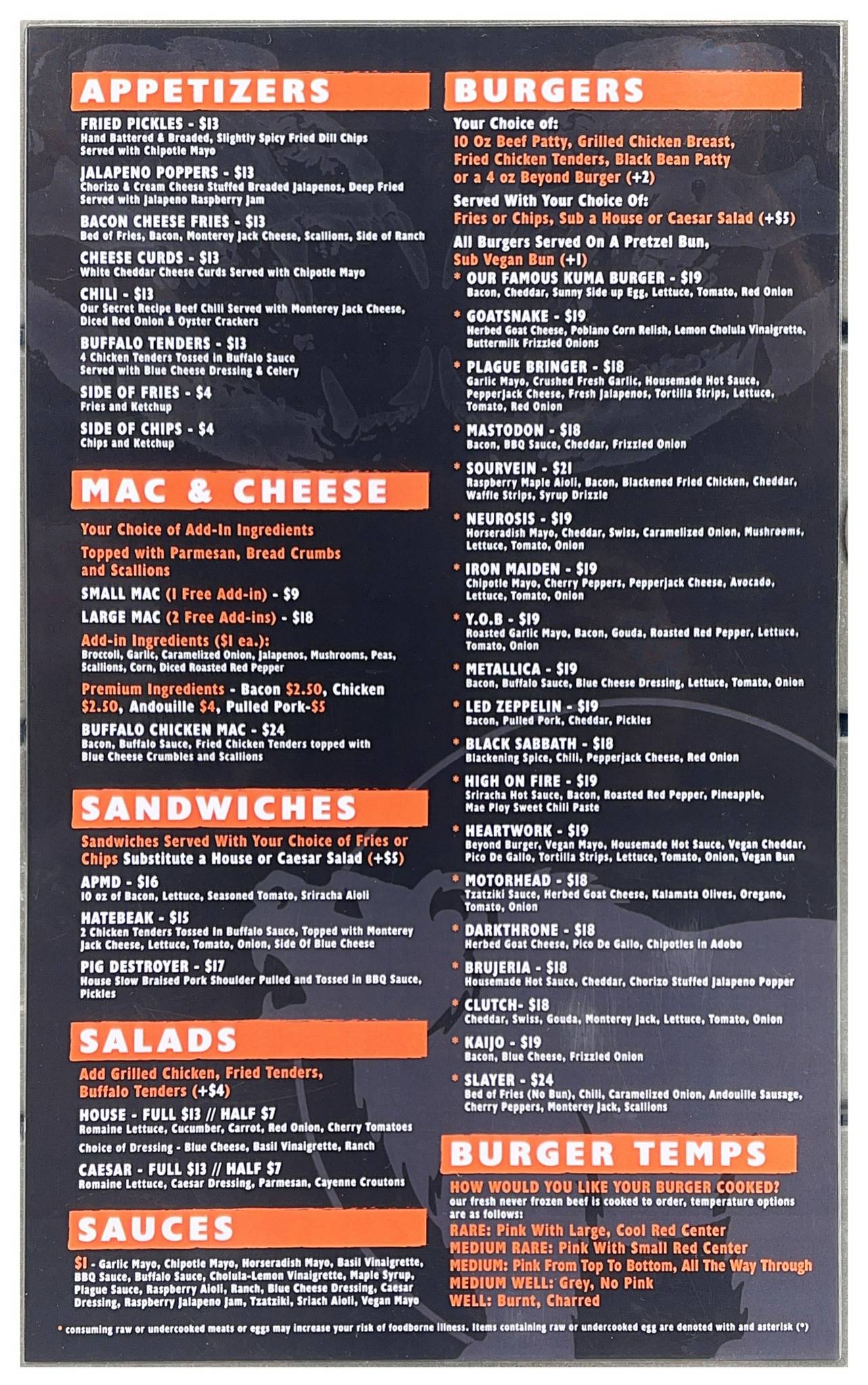 Menu at Kuma's Corner restaurant, Indianapolis