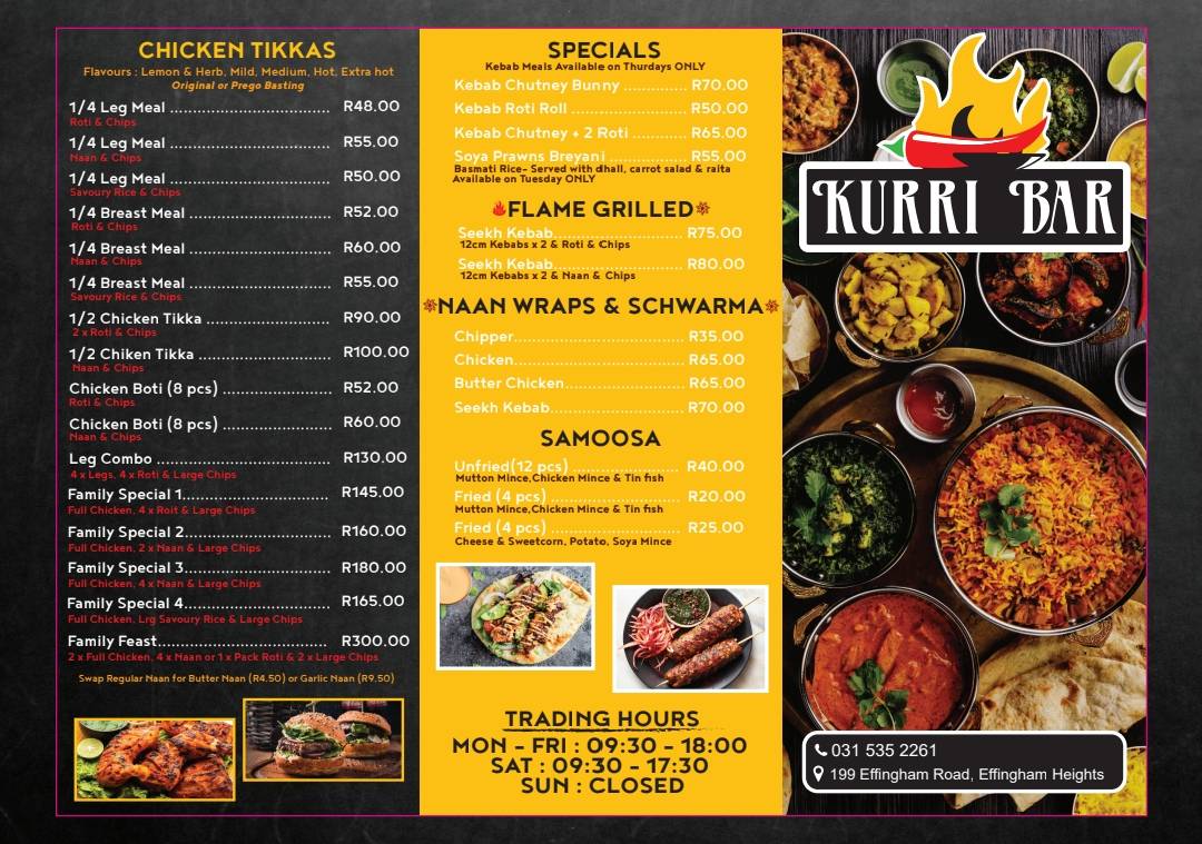 Menu at Kurribar, Durban North