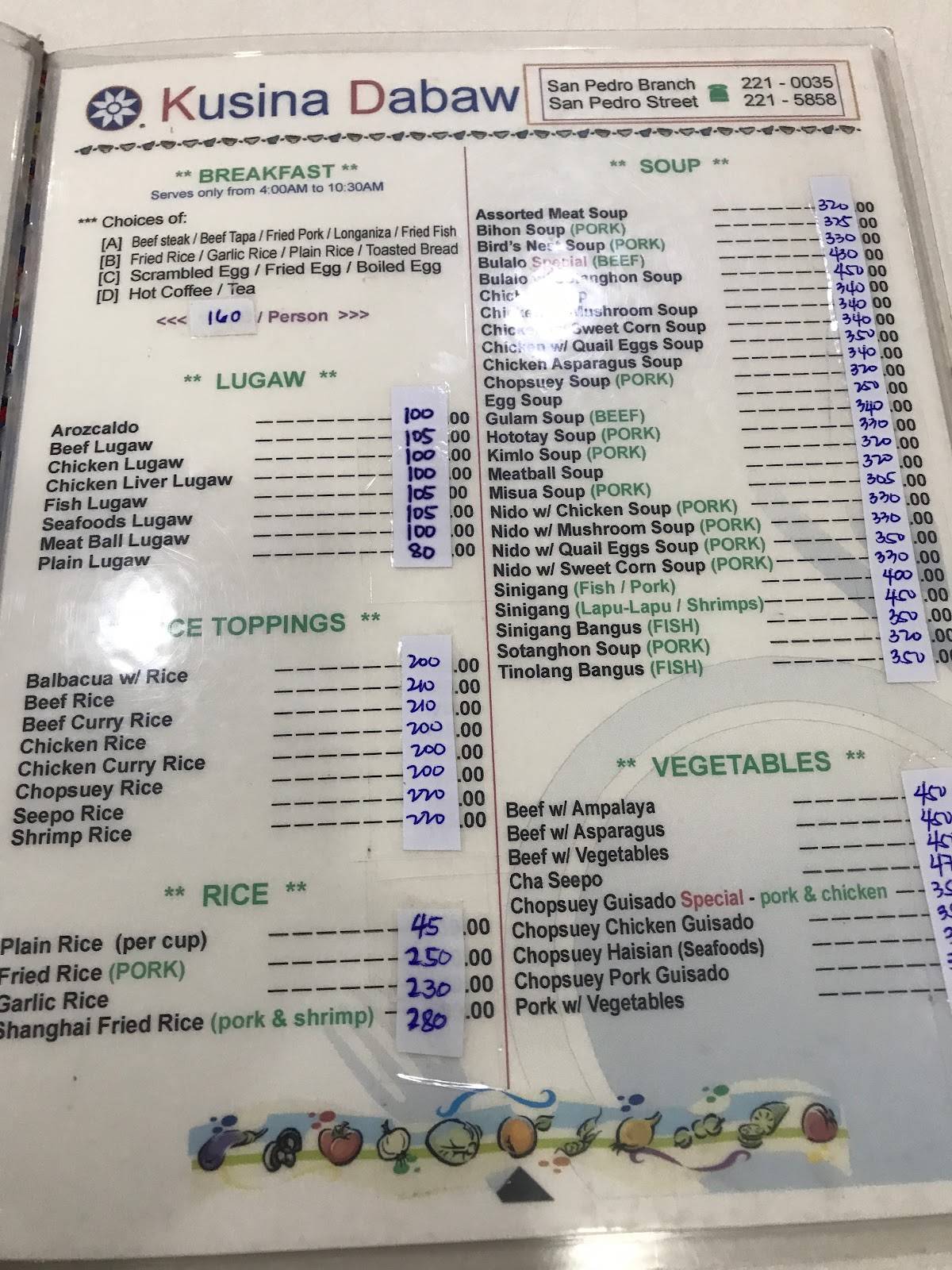 Menu at Kusina Dabaw restaurant, Davao City, San Pedro