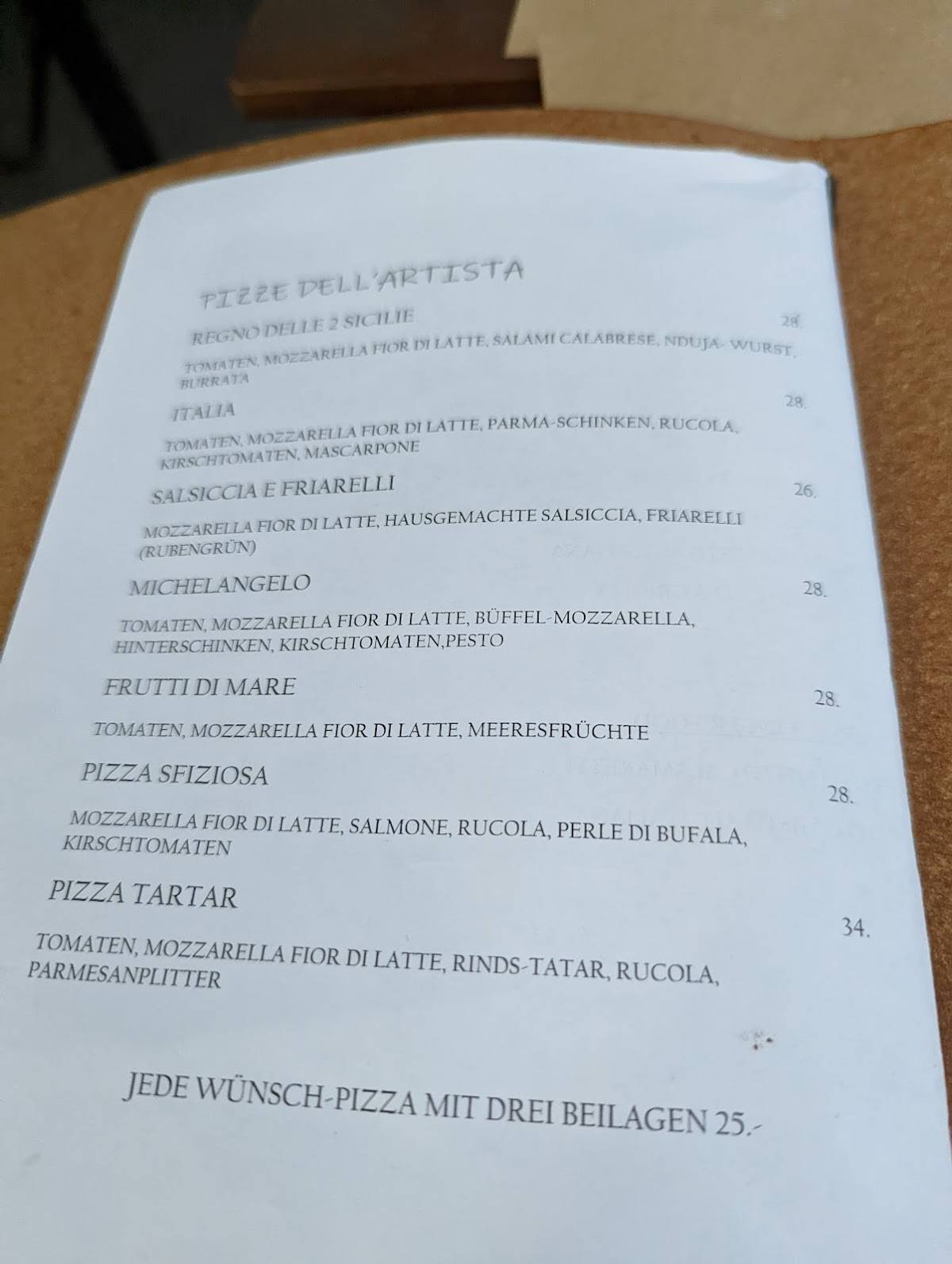 Menu da L'Artista Zürich-Lochergut, Pizza Napoletana, Zurigo