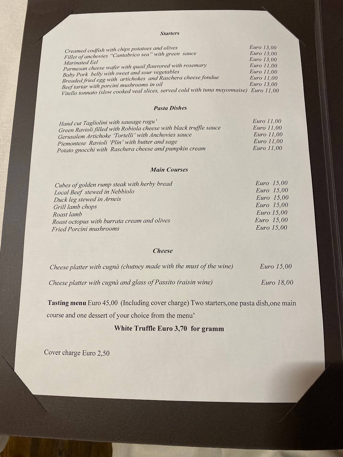 Menu at L'Osteria del Vignaiolo restaurant, La Morra
