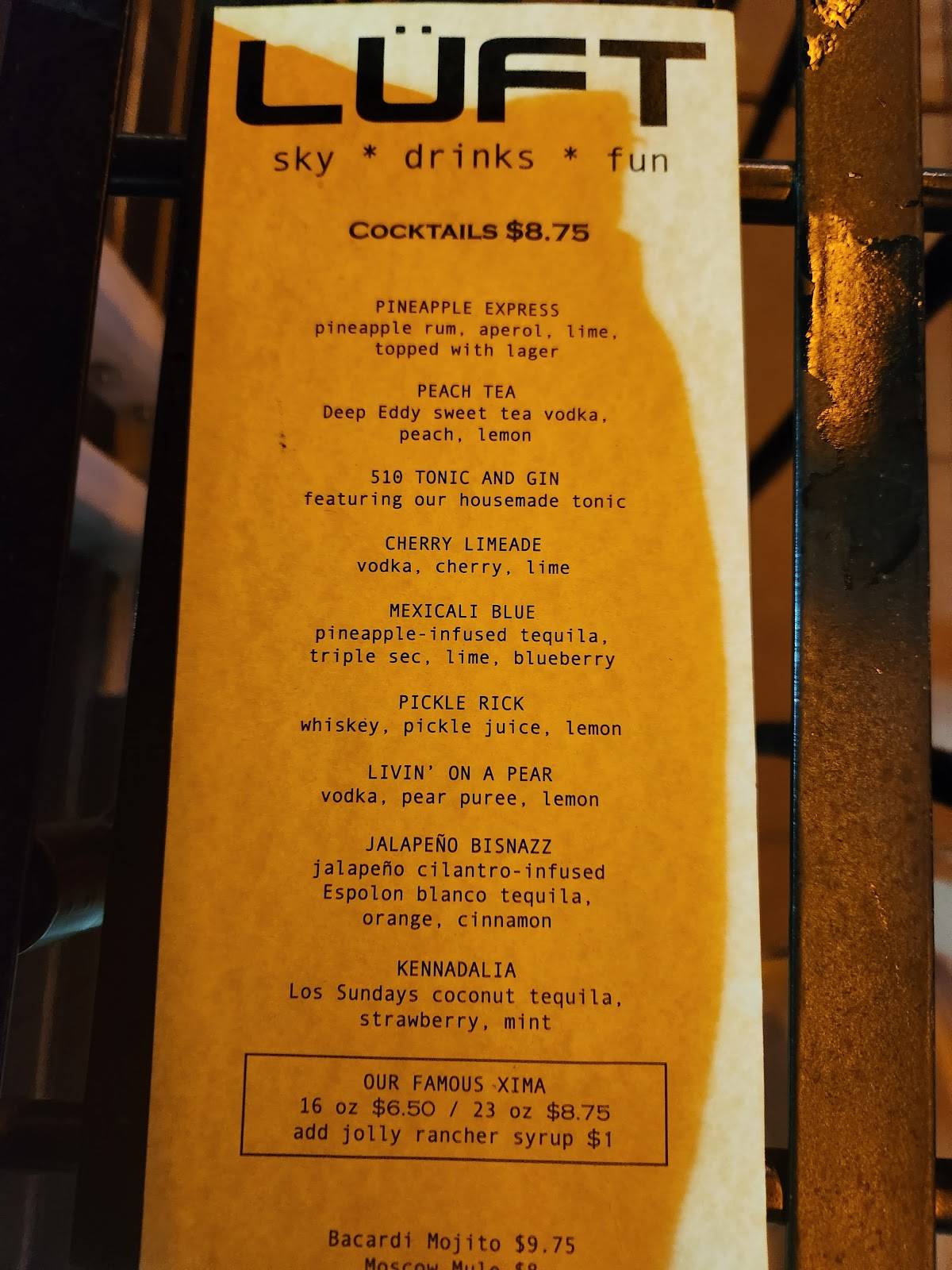 Menu at LÜFT Rooftop Bar, Bismarck