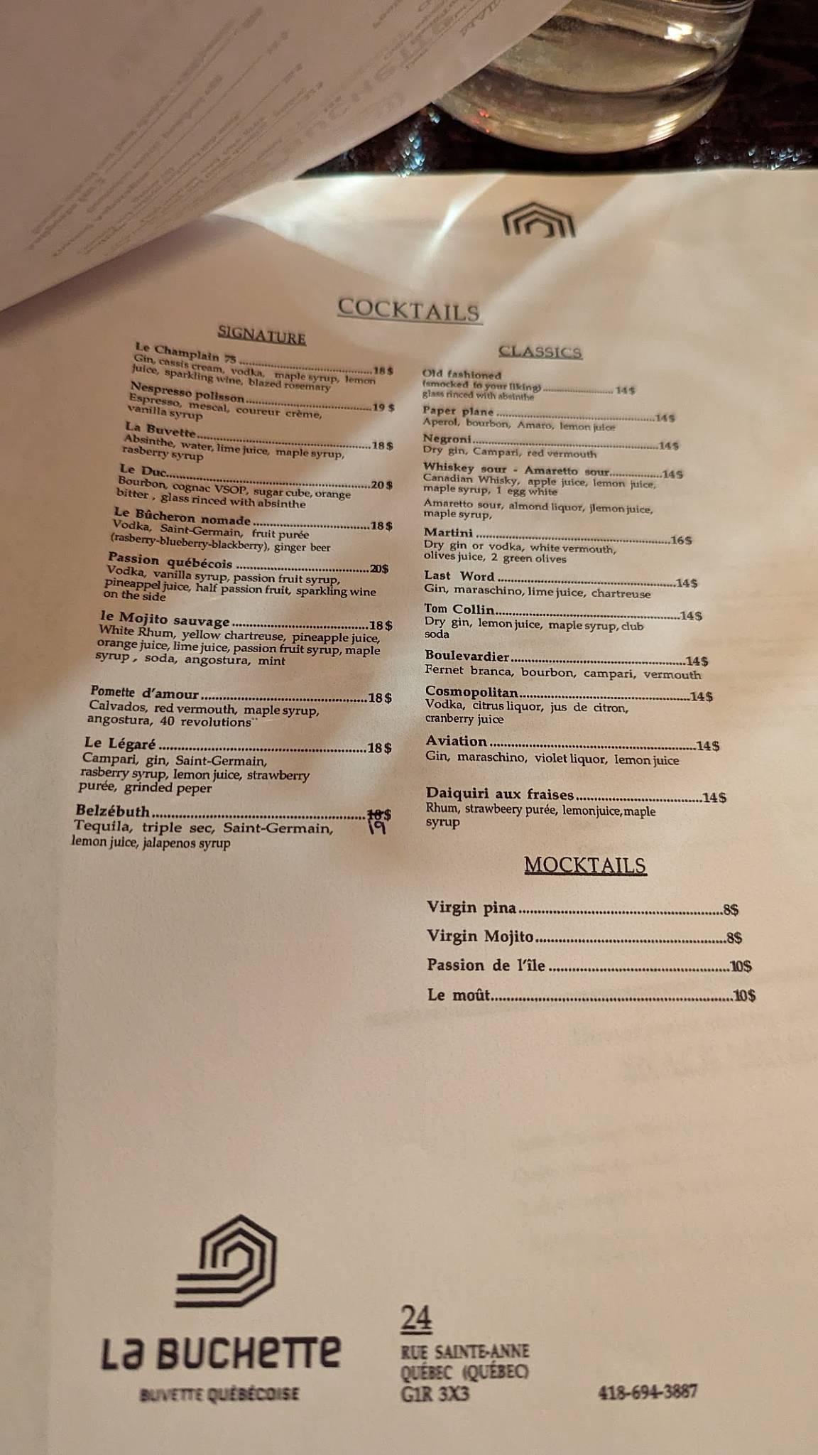 Menu at La Buchette restaurant, Canada