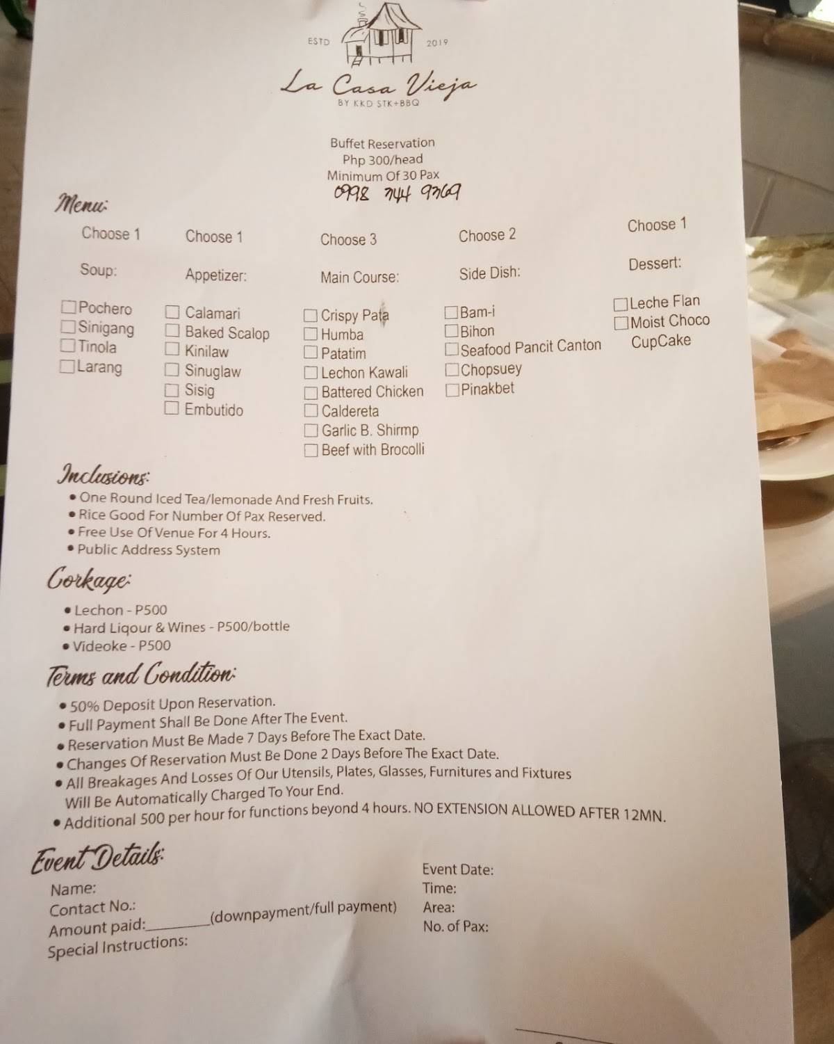 Menu at La Casa Vieja restaurant, Cebu City