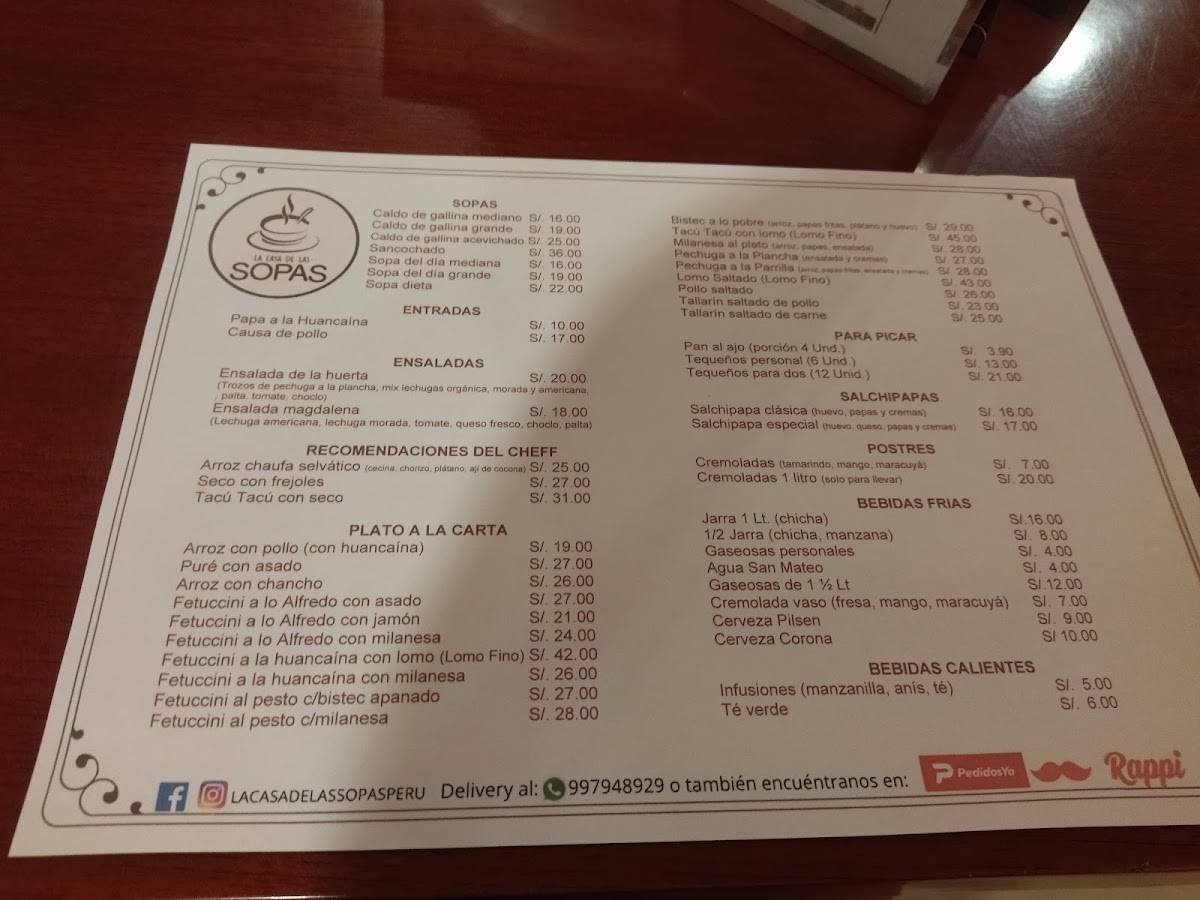 Carta del restaurante La Casa del las Sopas, Pueblo Libre