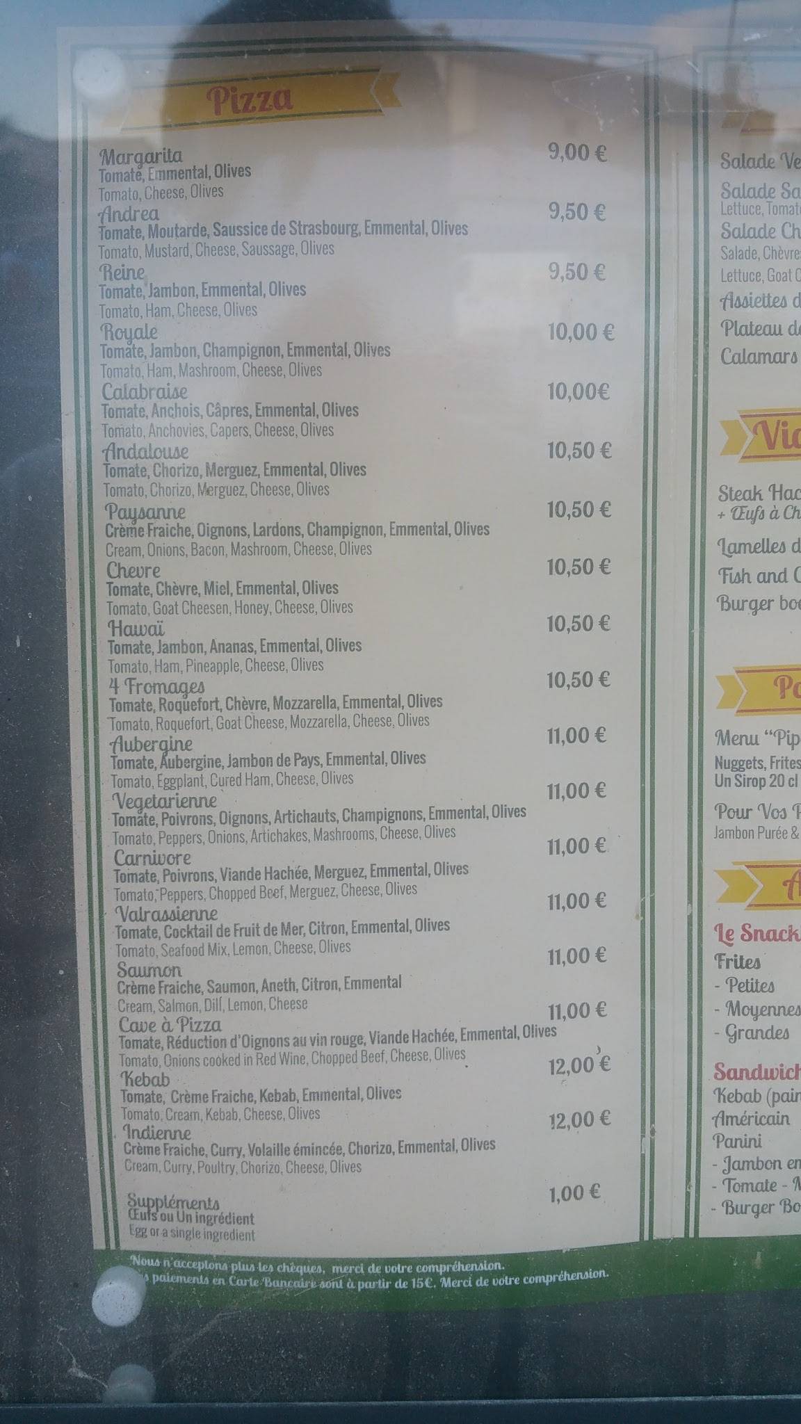 Menu au La Cave à Pizzas pizzeria, Valras-Plage