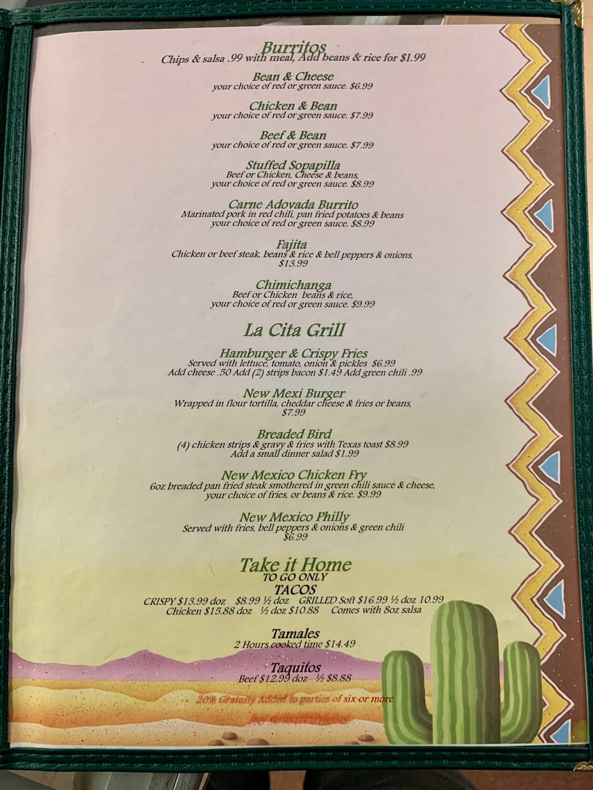 Menu at La Cita restaurant, Tucumcari