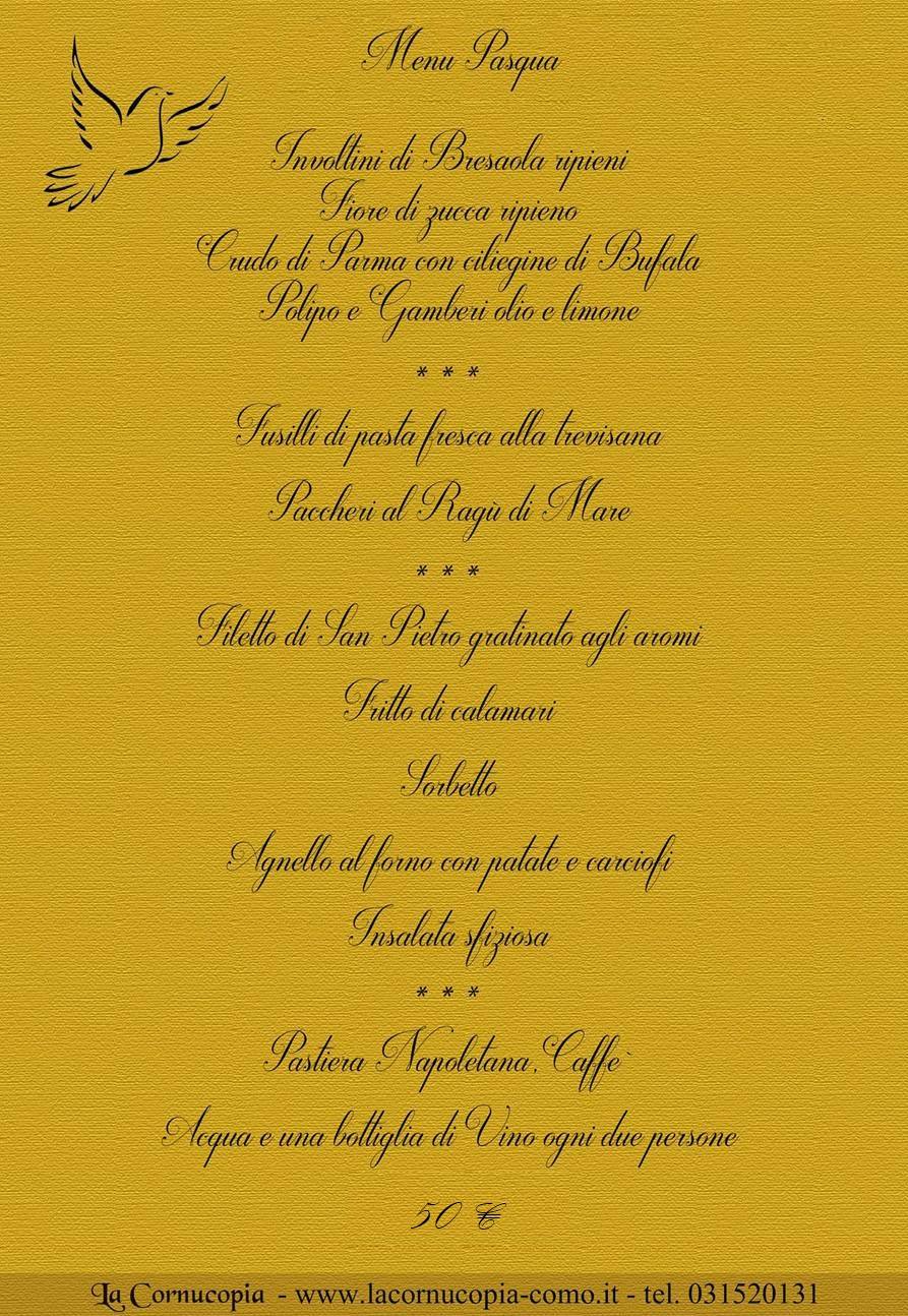 Menu at La Cornucopia restaurant, Como, Via Corrado e Giulio Venini